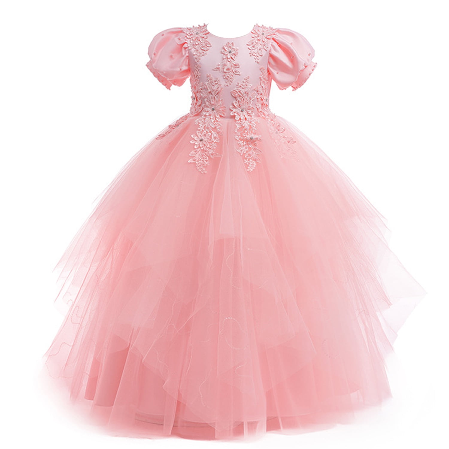 Phenas Big Girls Embroidery Flowers Dress Puff Sleeve Lace Tulle Ball ...