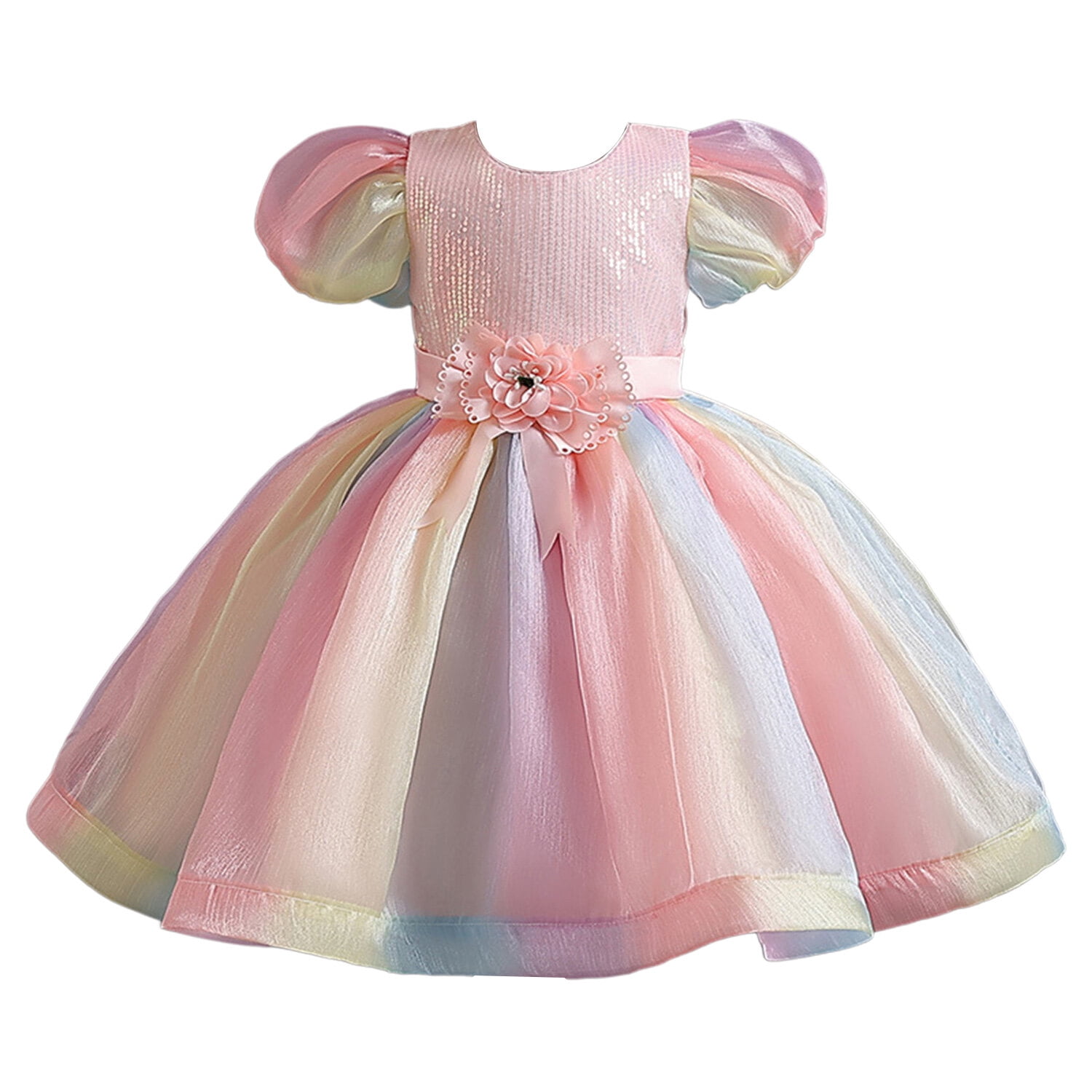 Phenas Flower Girl Sequence Sequin Rainbow Puff Sleeve Tulle Wedding ...