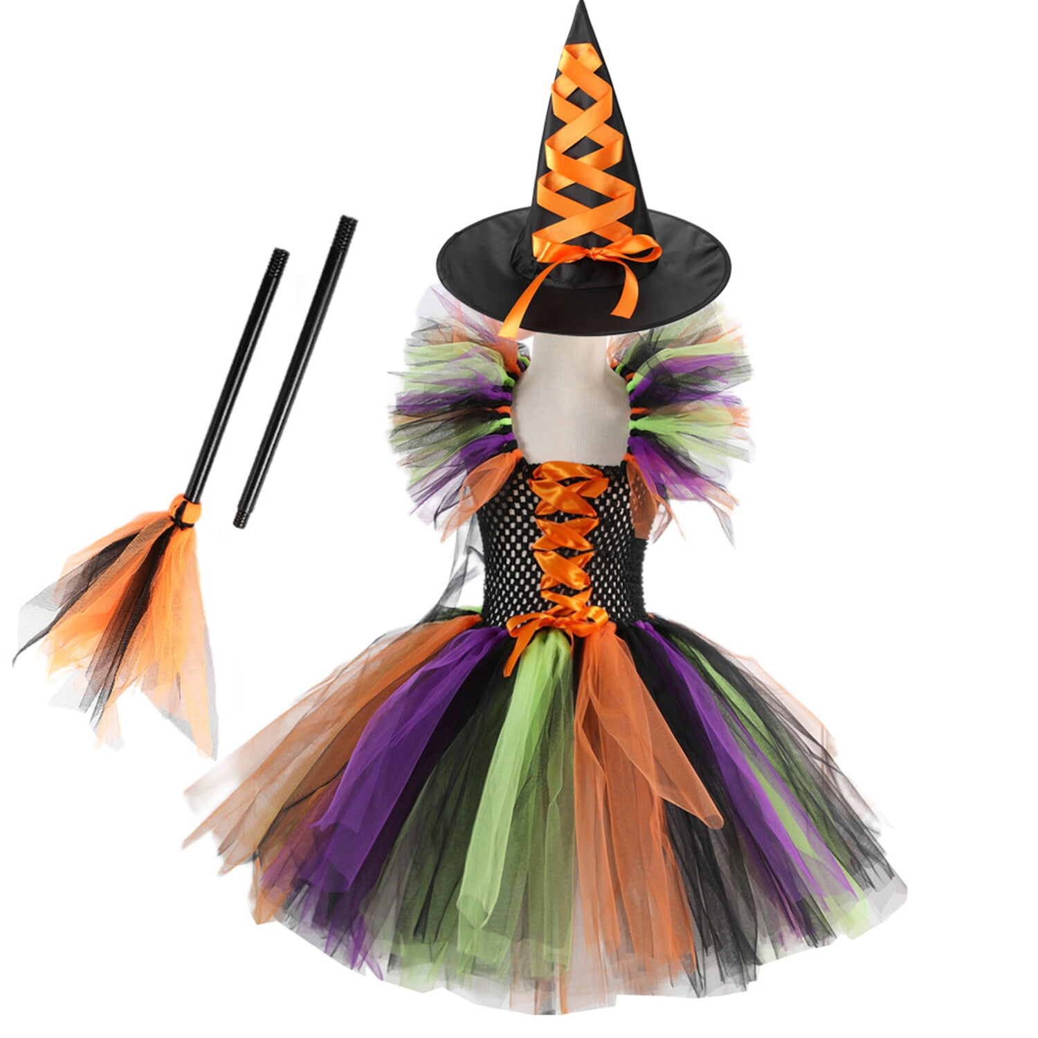 Phenas Girls Halloween Witch Costume with Witch Hat and Magic Brooms ...