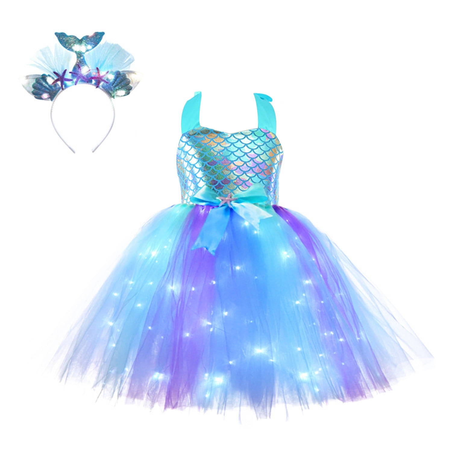 Phenas Girls Mermaid Costume Led Light Up Mermaid Princess Tutu Dress ...