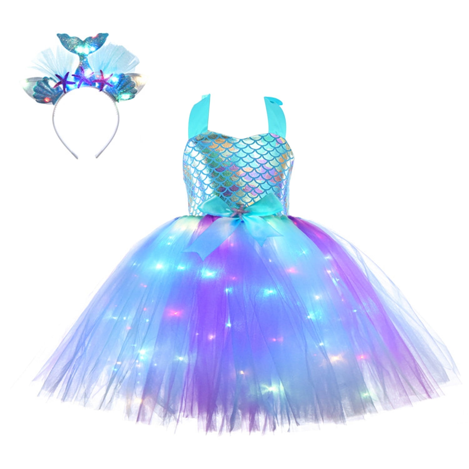 Phenas Girls Mermaid Costume Mermaid Tutu Dress Color Led Light Up for ...
