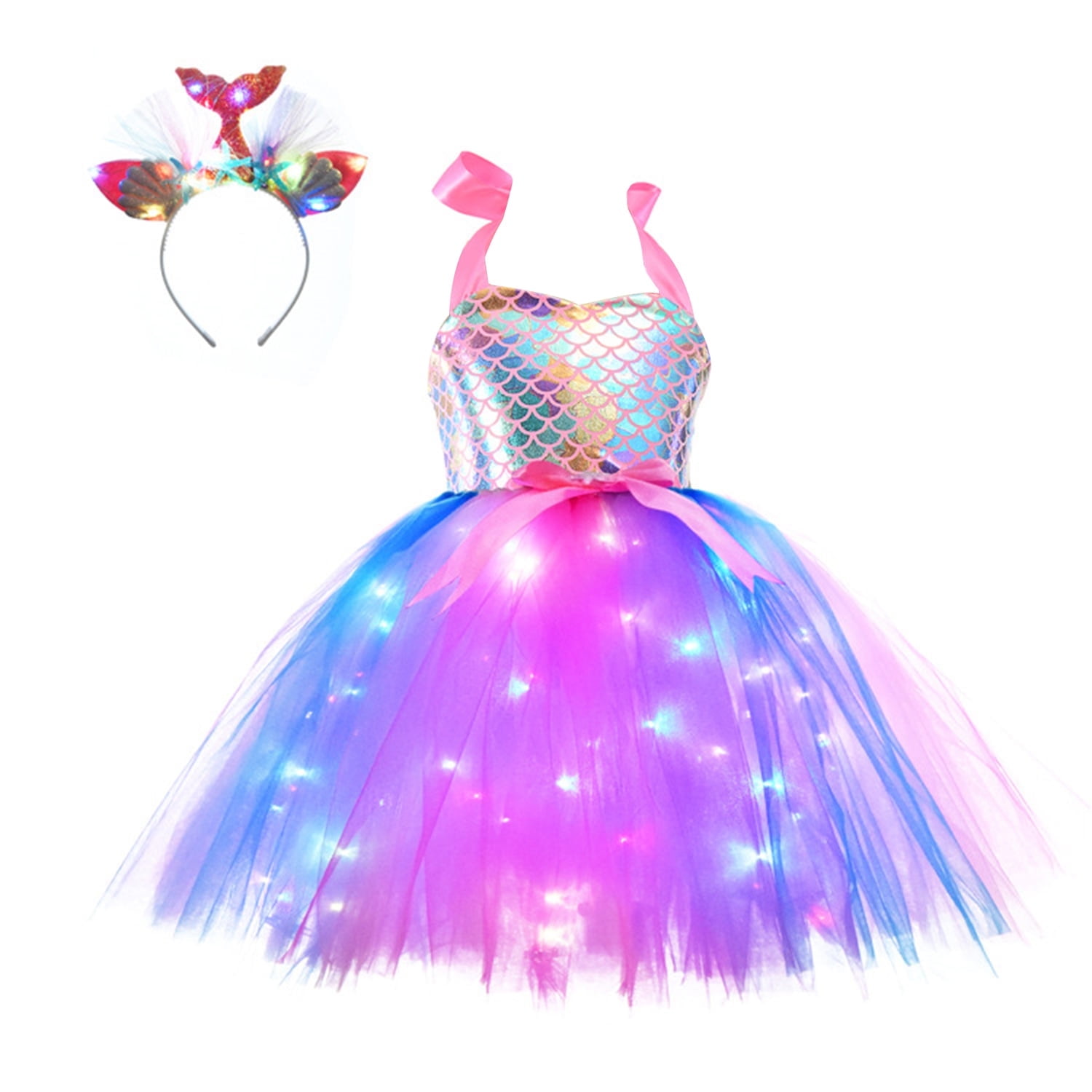 Phenas Girls Mermaid Costume Mermaid Tutu Dress Color Led Light Up for ...
