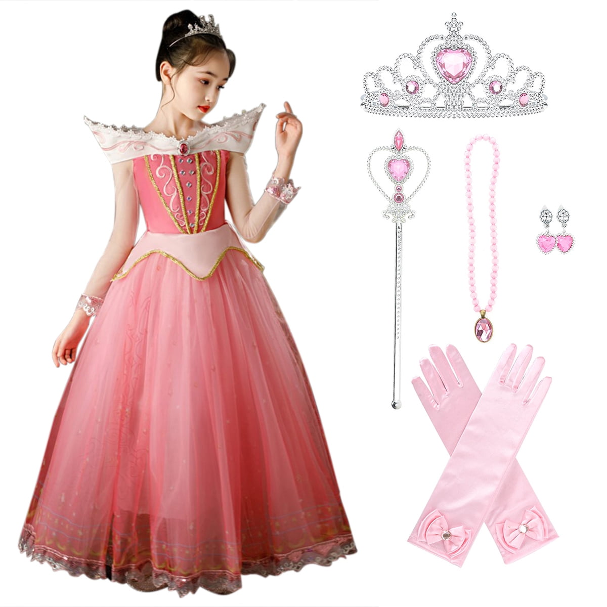 Phenas Little Girls Pink Princess Costume Halloween Cosplay Party Dress ...