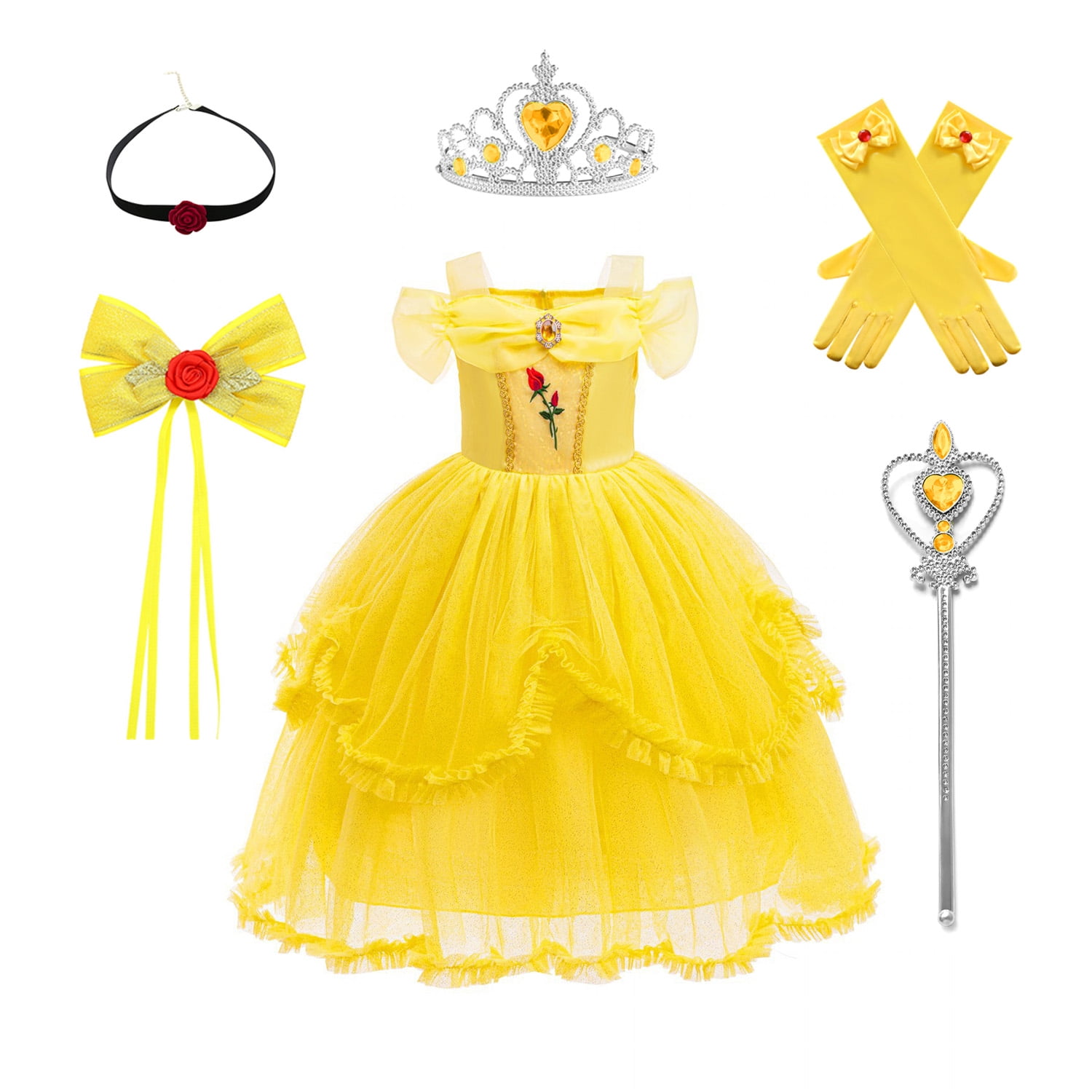 Phenas Little Girls Princess Belle Costume Off Shoulder Layered Yellow ...