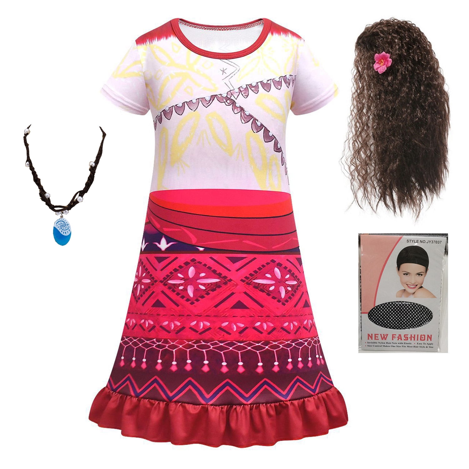 Phenas Princess Moana Dress Costume for Girls Adventure Outfit with Necklace and Wig Halloween ...