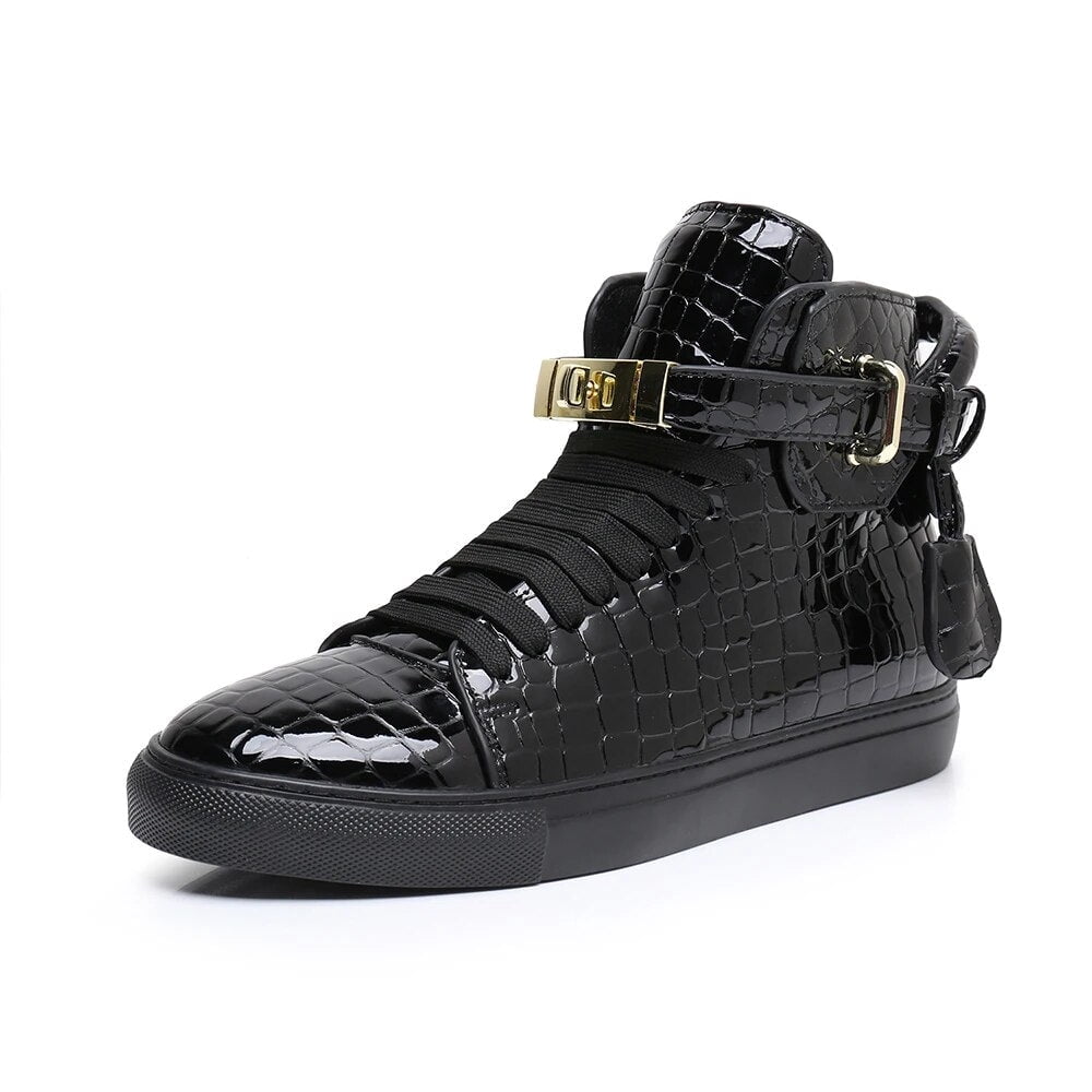 Phenkang Men Embossed Crocodile High Top Sneakers Lock Lace Red Flats ...