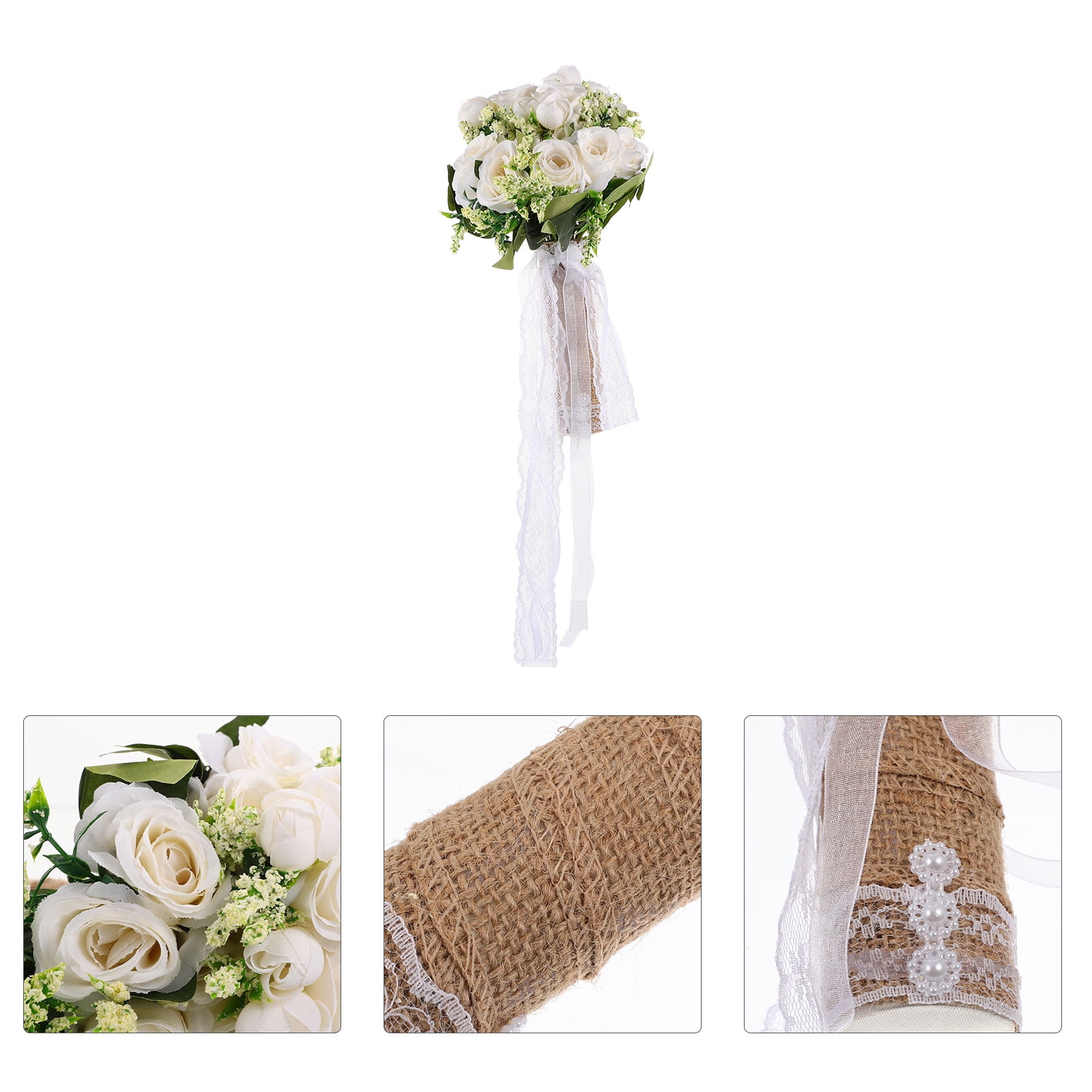 Phenofice Bridal Bouquet Round Shape White Silk Cloth Green Lace Ribbon ...