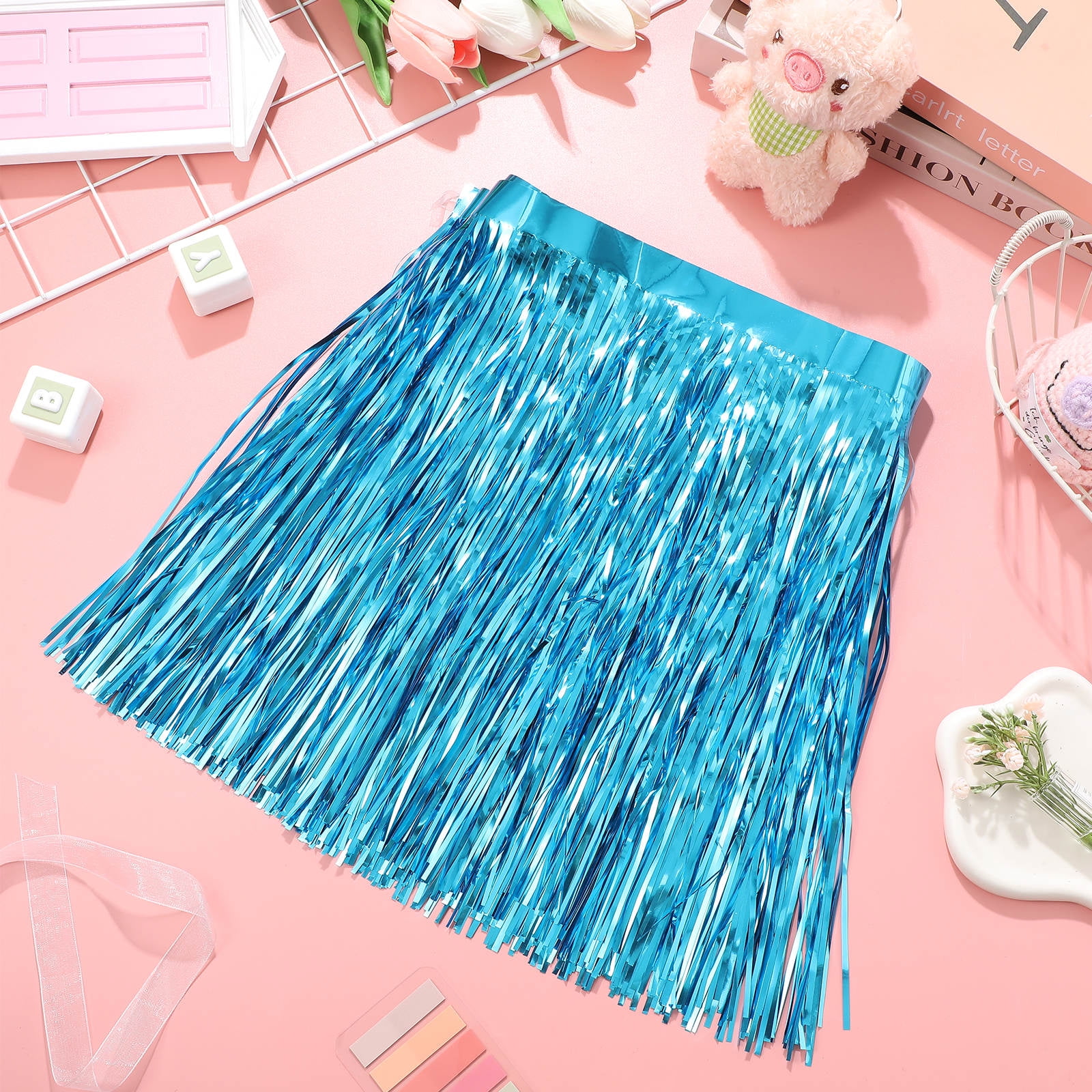 Phenofice Fringe Garland Table Skirt Backdrop 4Pcs Blue Metallic Foil ...