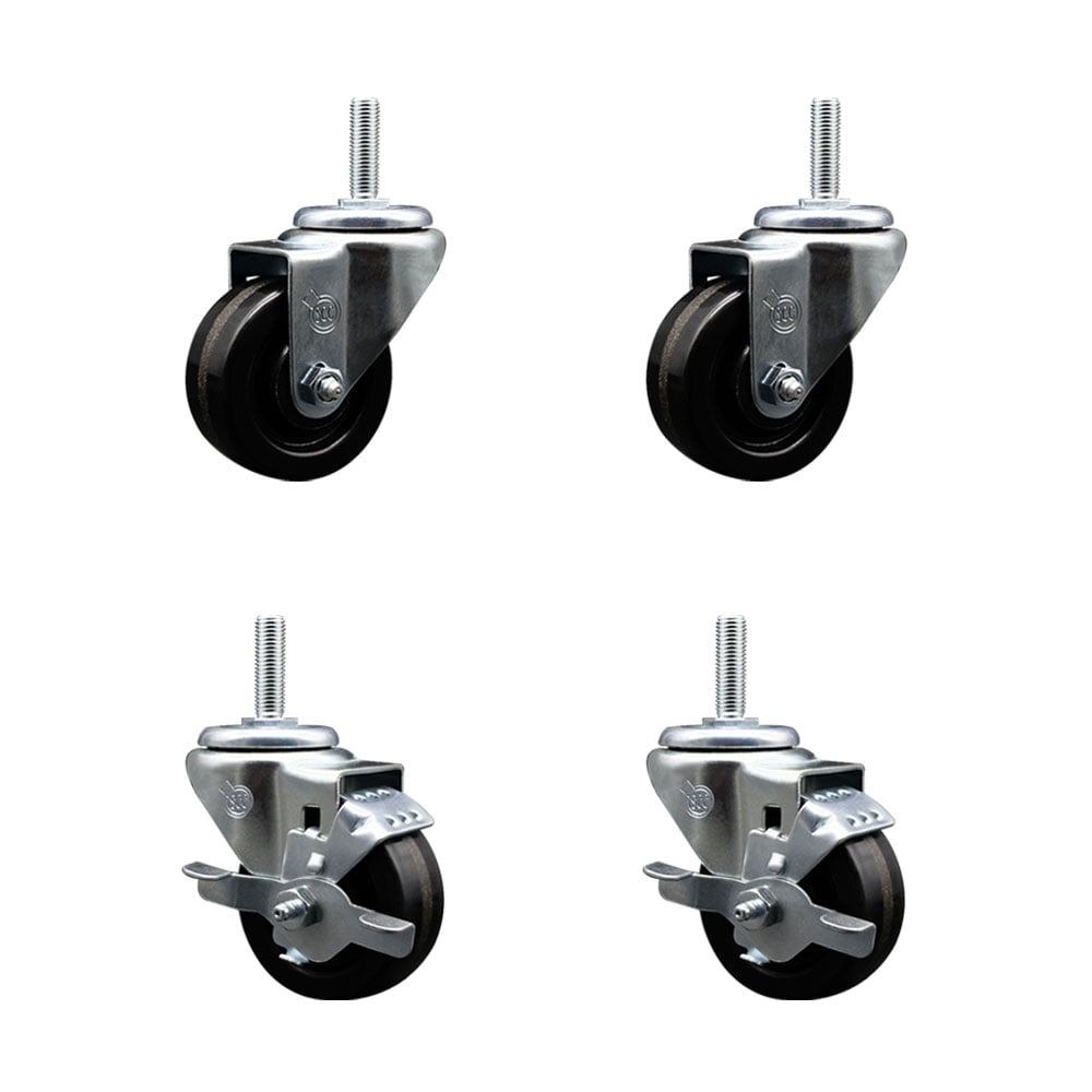 Phenolic Swivel Threaded Stem Caster Set of 4 w/3" x 1.25" Black Wheels ...