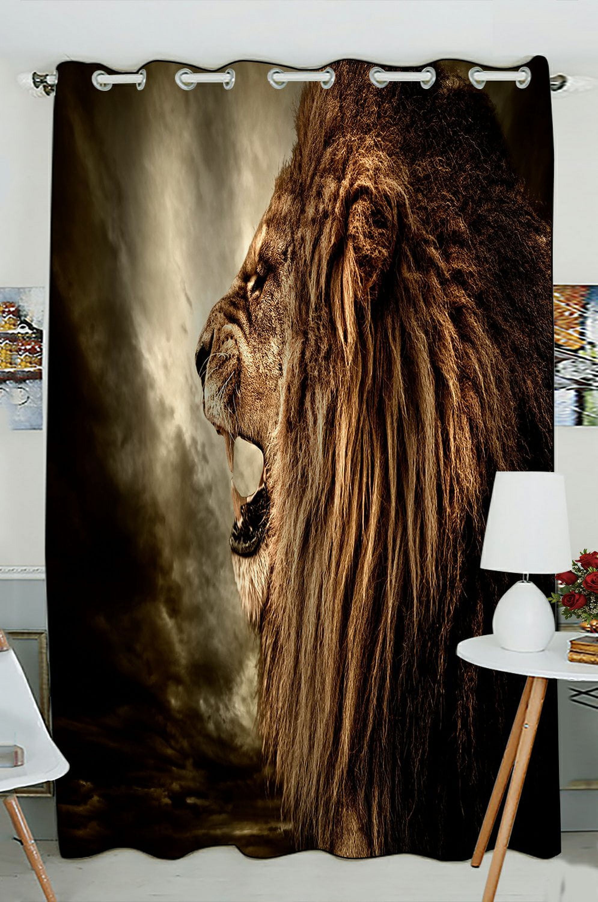 Phfzk Animal Window Curtain, Roaring Lion Against Stormy Sky Window ...