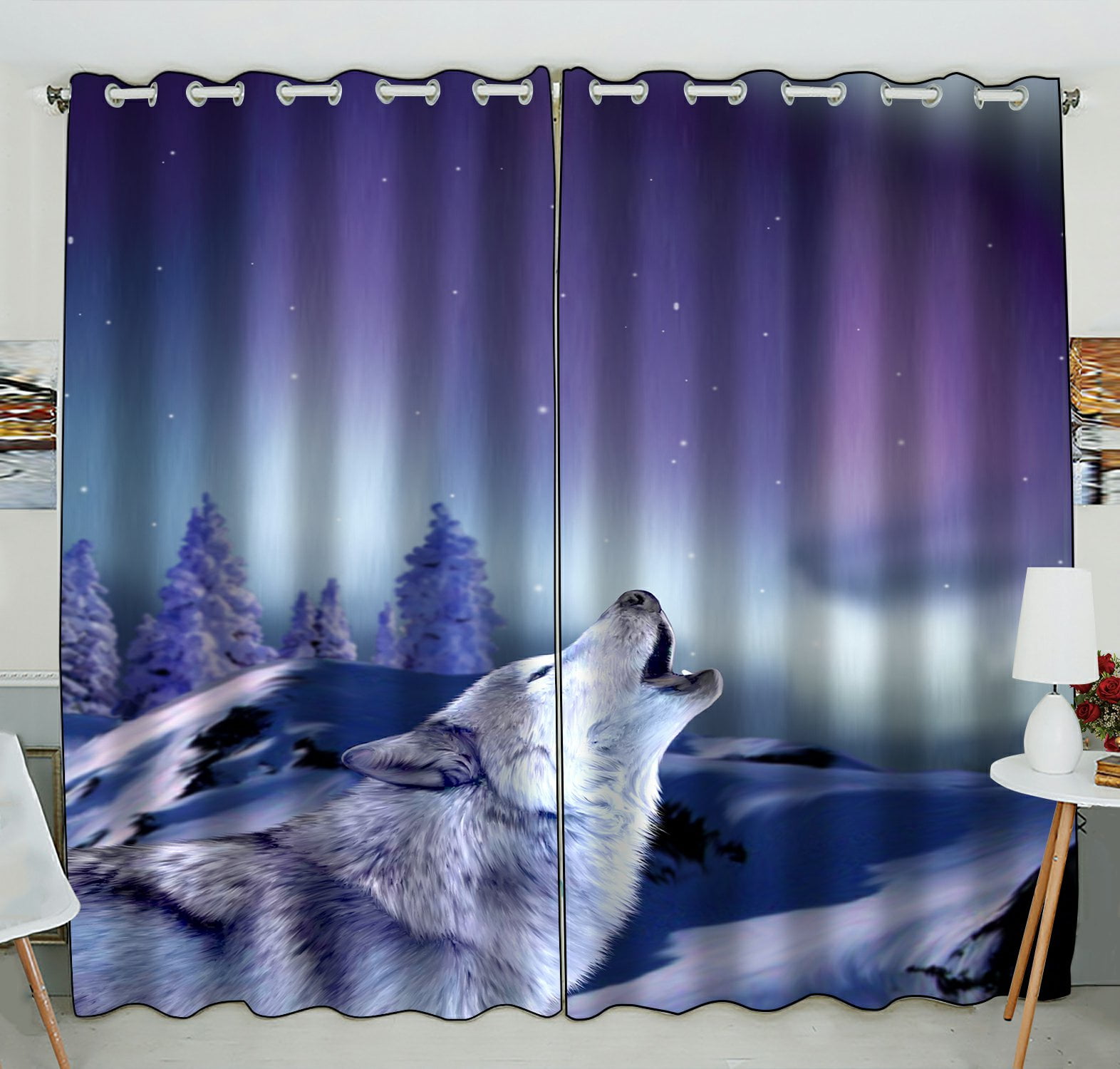 Phfzk Animal Window Curtain, Wolf Howling In Forest Window Curtain ...