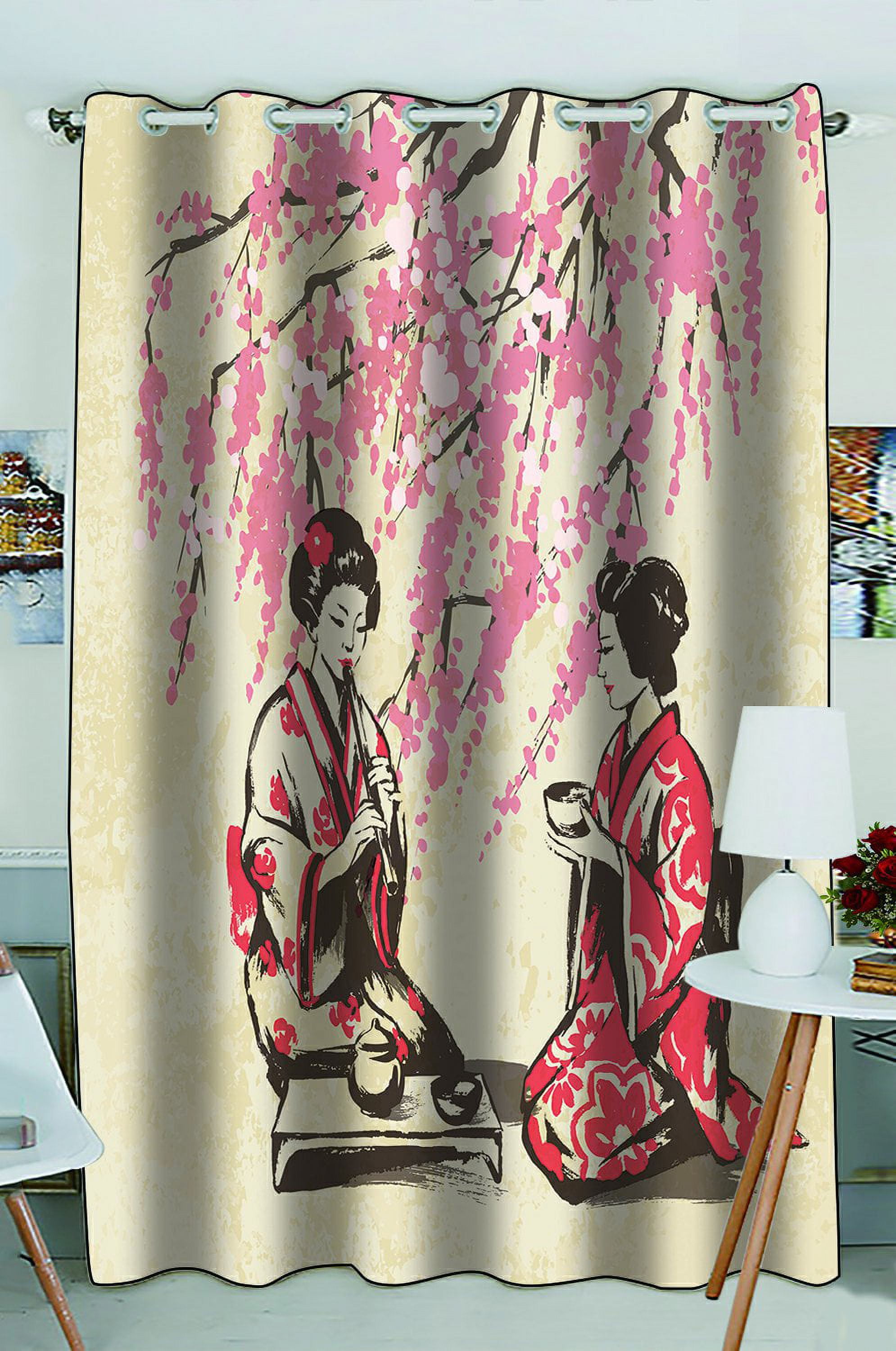 Phfzk Asian Window Curtain Japanese Lady Wearing Kimono With Cherry