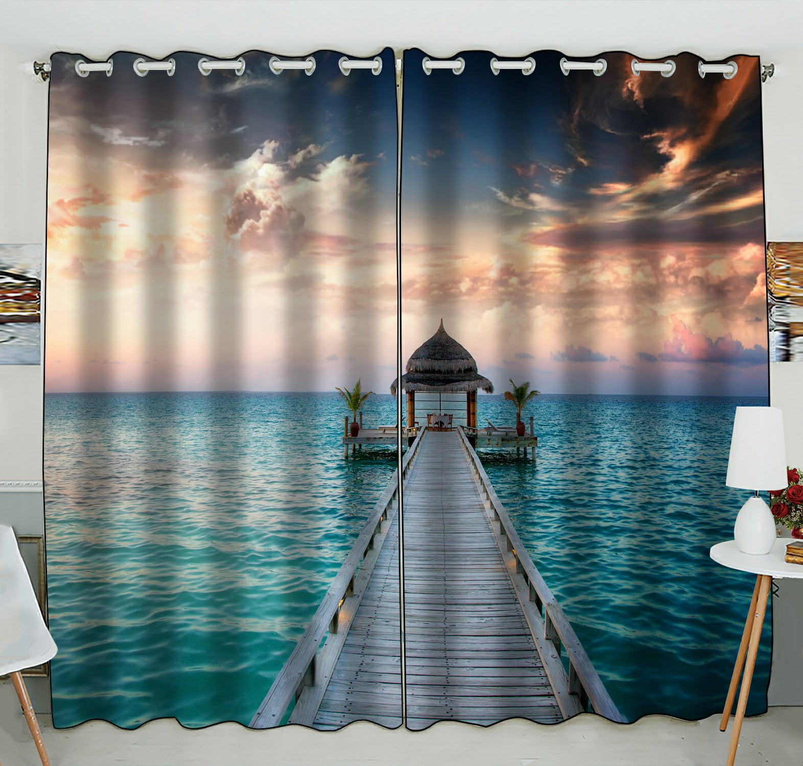 Phfzk Bule Ocean Waves Window Curtain, Idyllic Arbor On Water, Maldive ...