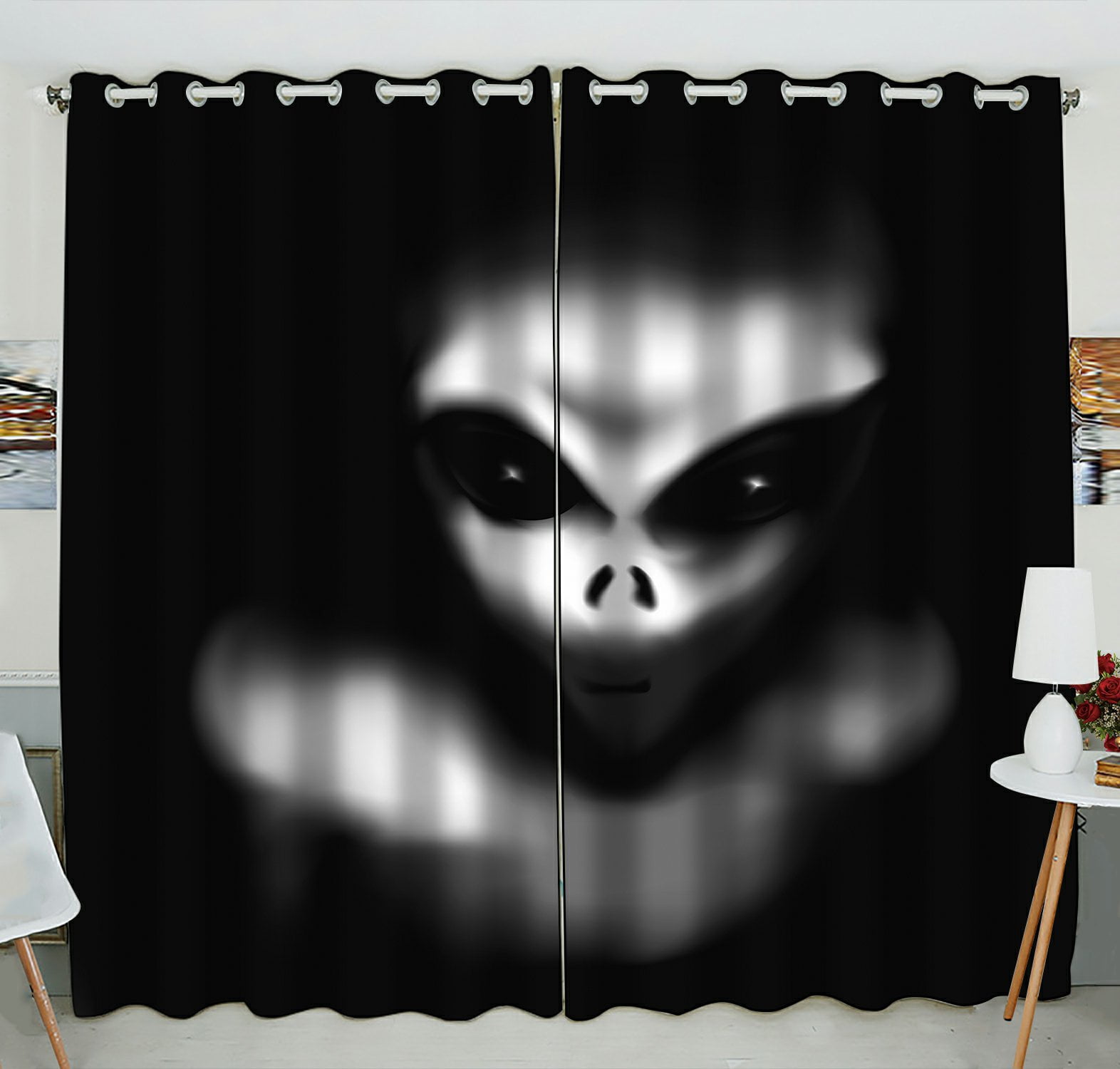 Phfzk Creepy Alien Window Curtain Blackout Curtain For Bedroom Living ...
