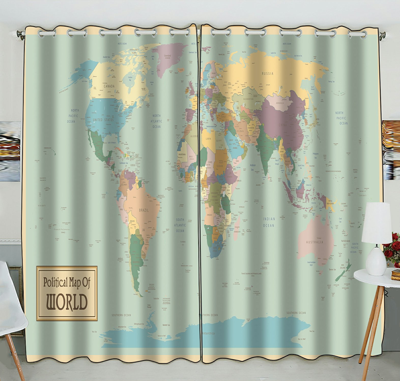 Phfzk Global Map Window Curtain, Educational World Map Geologist Gifts ...