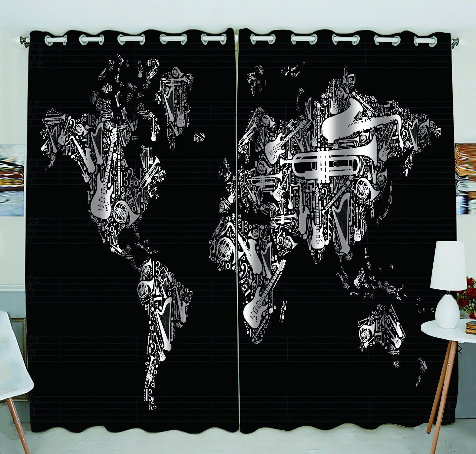Phfzk Globe Window Curtain, World Map Silhouette Made With Musical ...