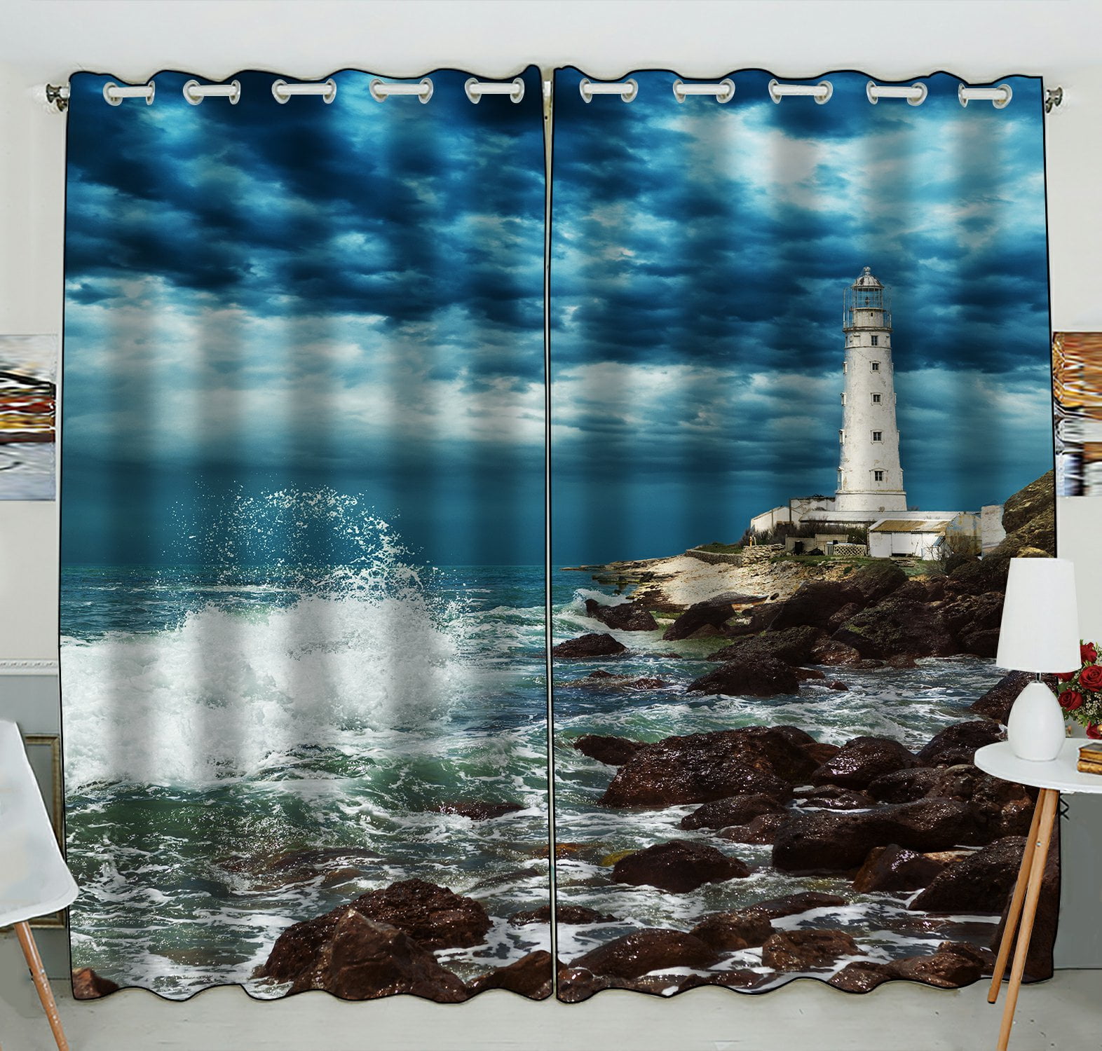 Phfzk Nautical Beach Window Curtain, Lighthouse Ocean Wave Rocky ...
