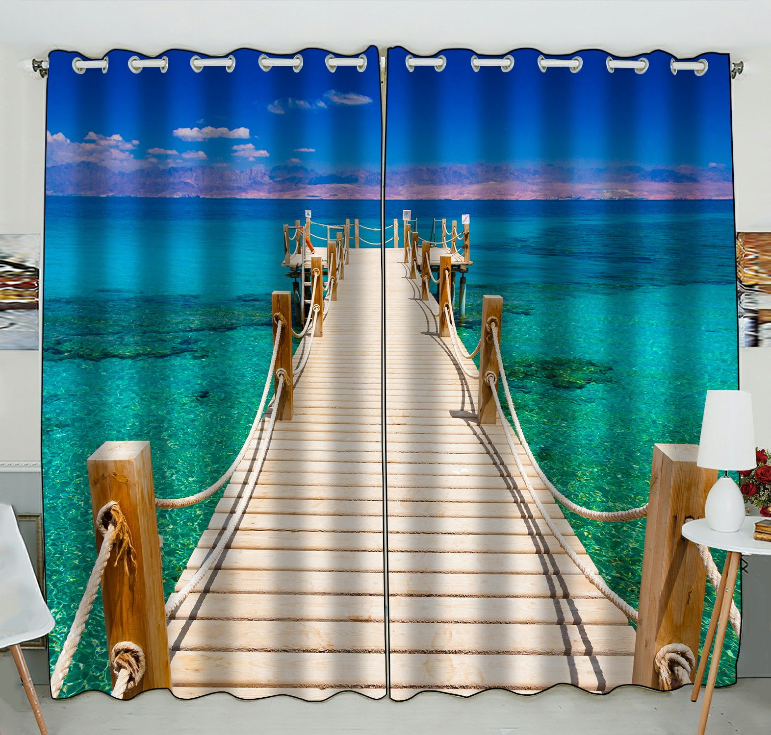 Phfzk Seascape Window Curtain, Nauitical Ocean With Wooden Bridge ...