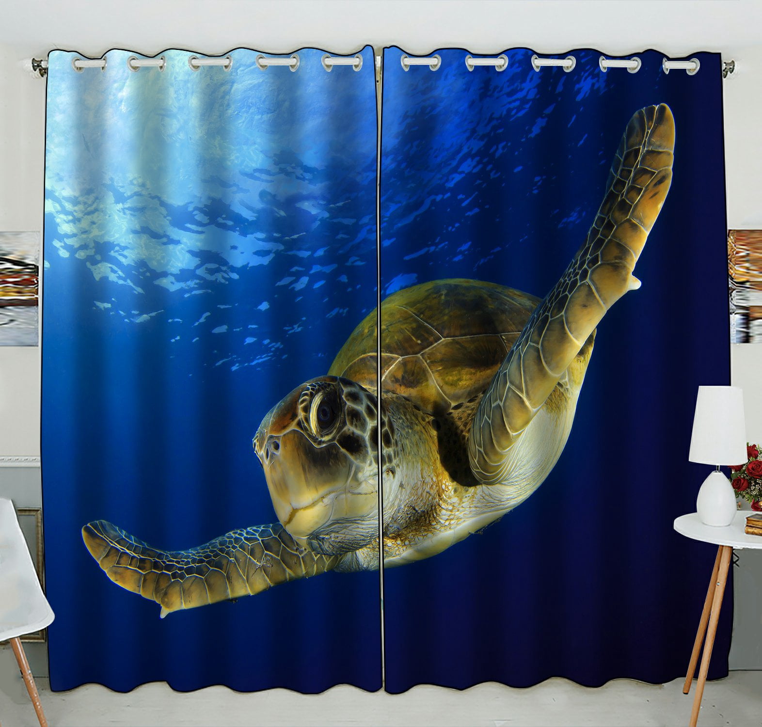 Phfzk Underwater World Window Curtain, Green Turtle In The Deep Sea ...