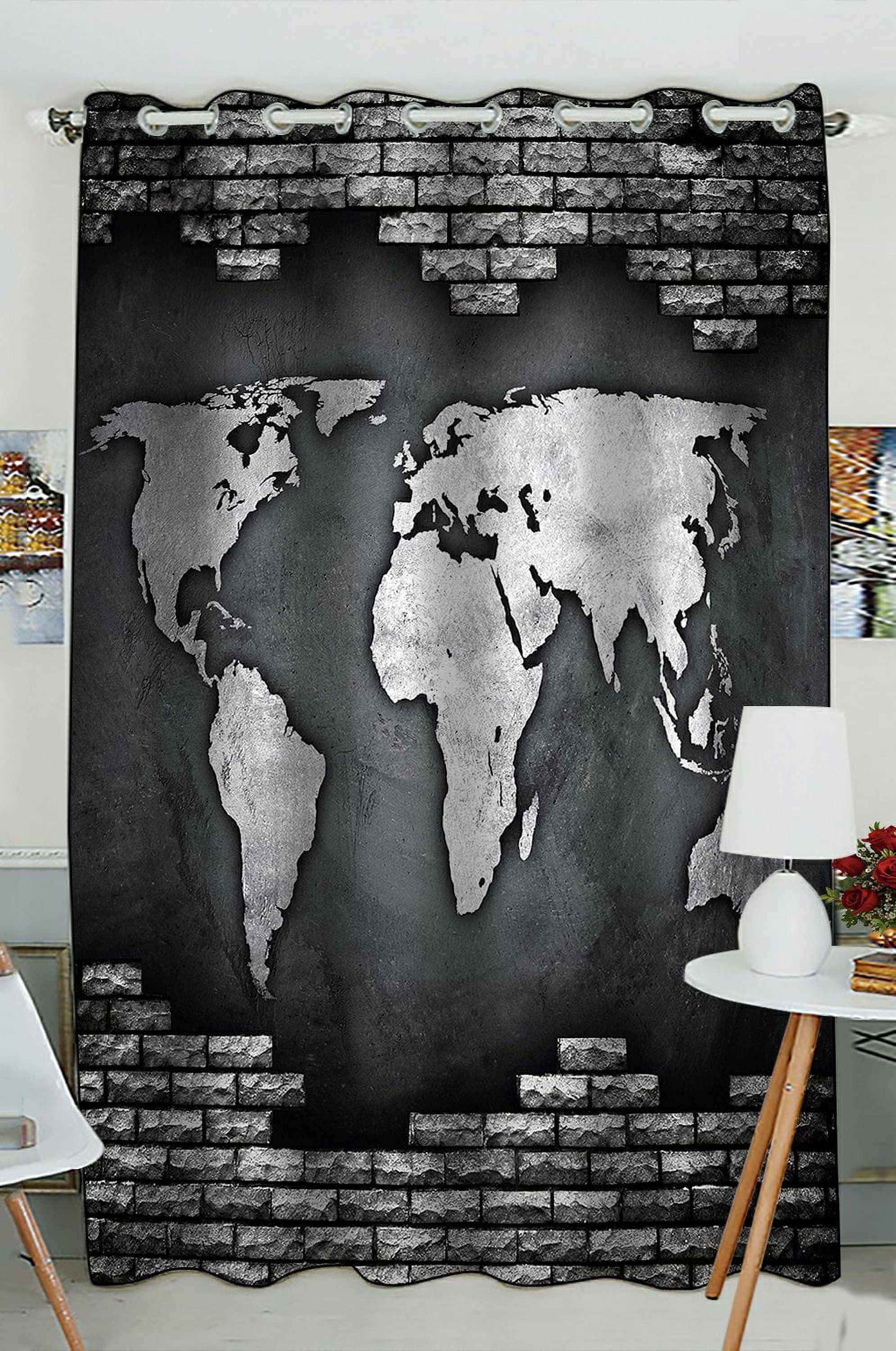 Phfzk World Map Window Curtain, Brick Window Curtain Blackout Curtain ...