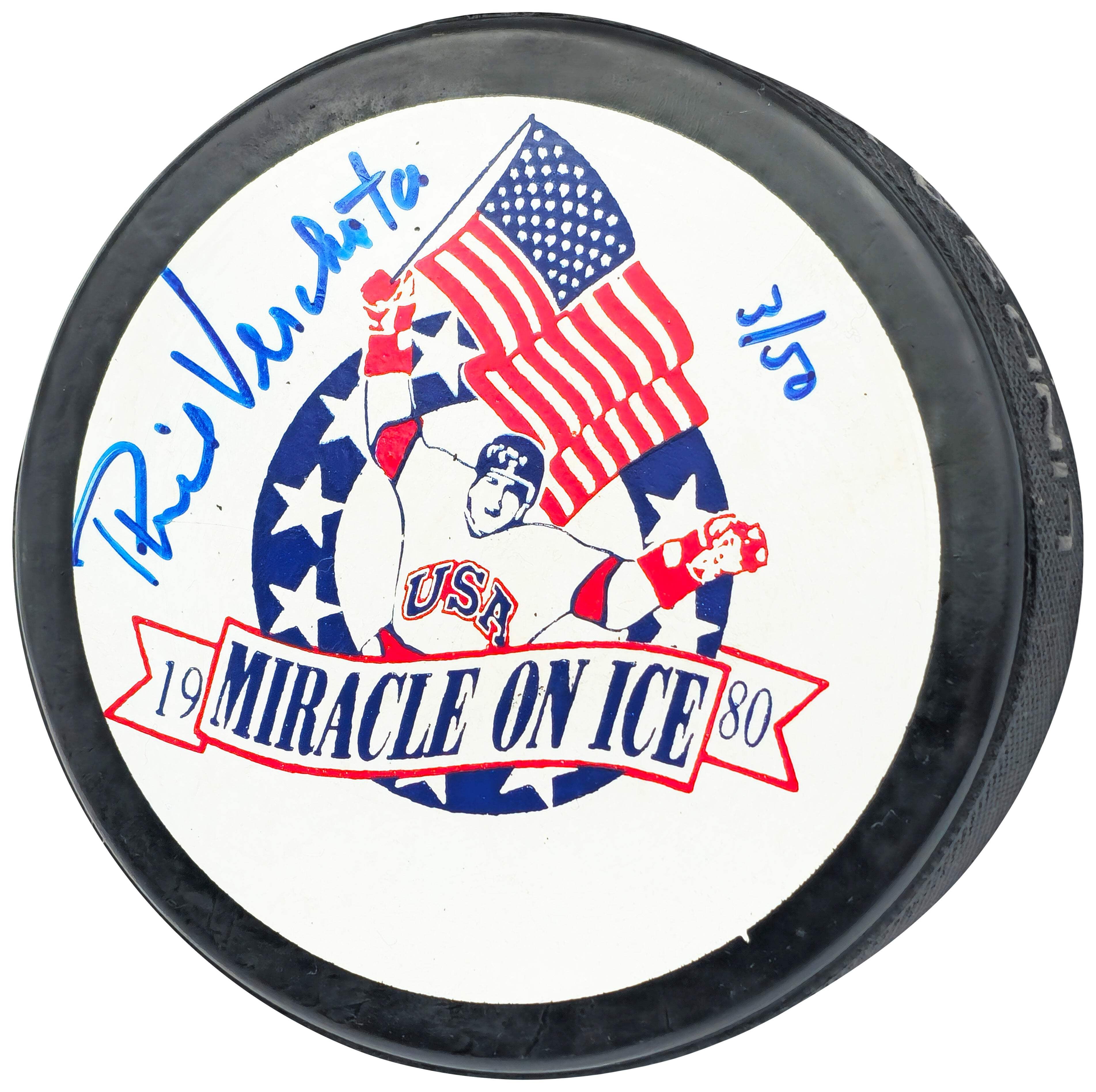 Phil Verchota Autographed 1980 Miracle on Ice Logo Hockey Puck Team USA ...