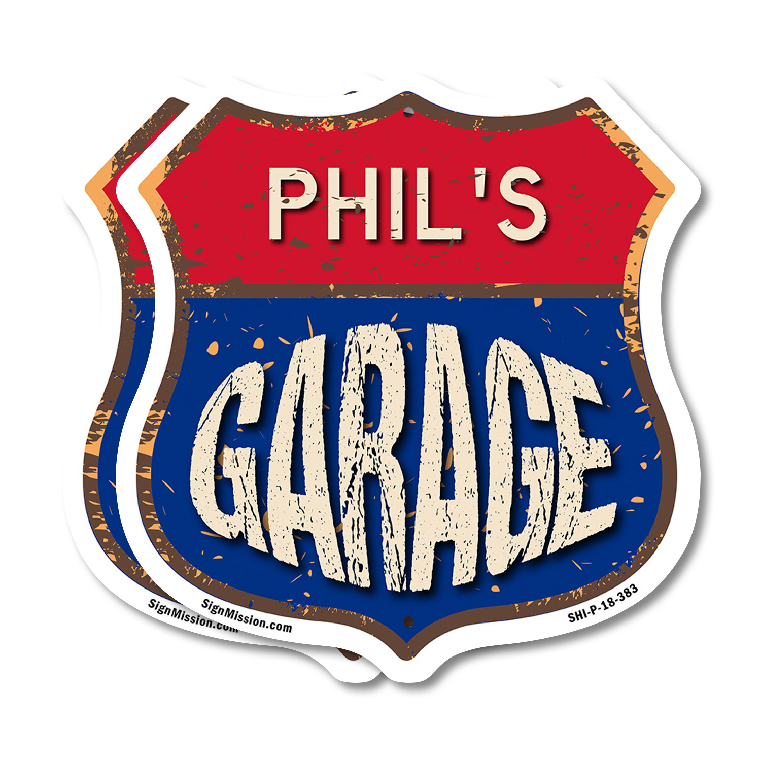 Phil's Garage (2 Pack) 18 inch X 18 inch Shield Shaped Commercial Grade Plastic Signs Weather ...