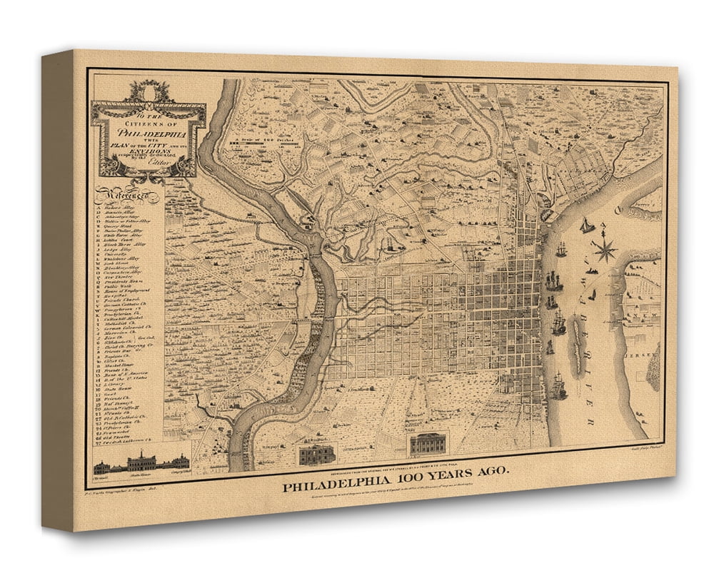 Philadelphia 100 Years Ago 1875 Vintage City Map 28x36 Stretched Canvas ...