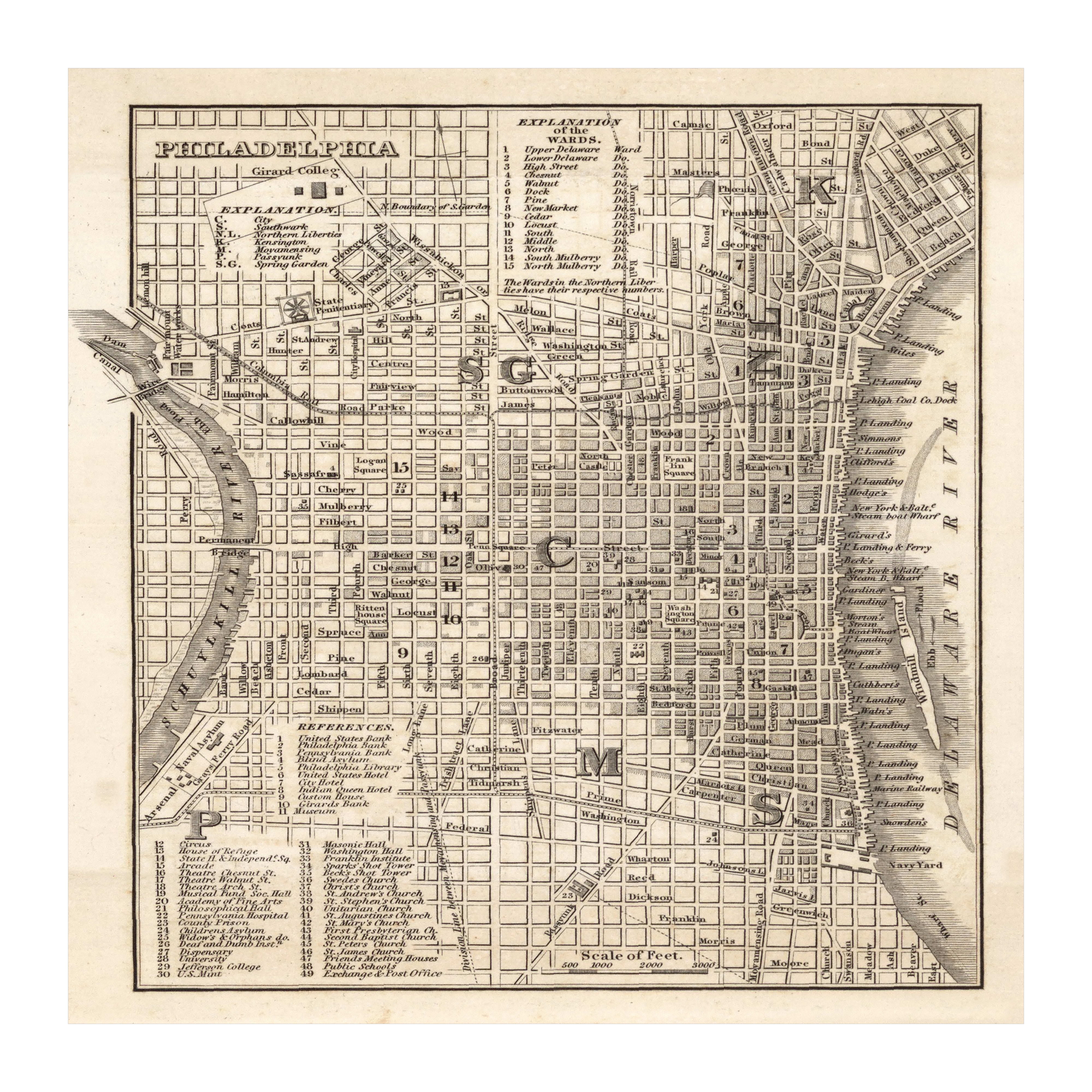Philadelphia Art, 1844 Vintage Map of Philadelphia Pennsylvania, PA ...