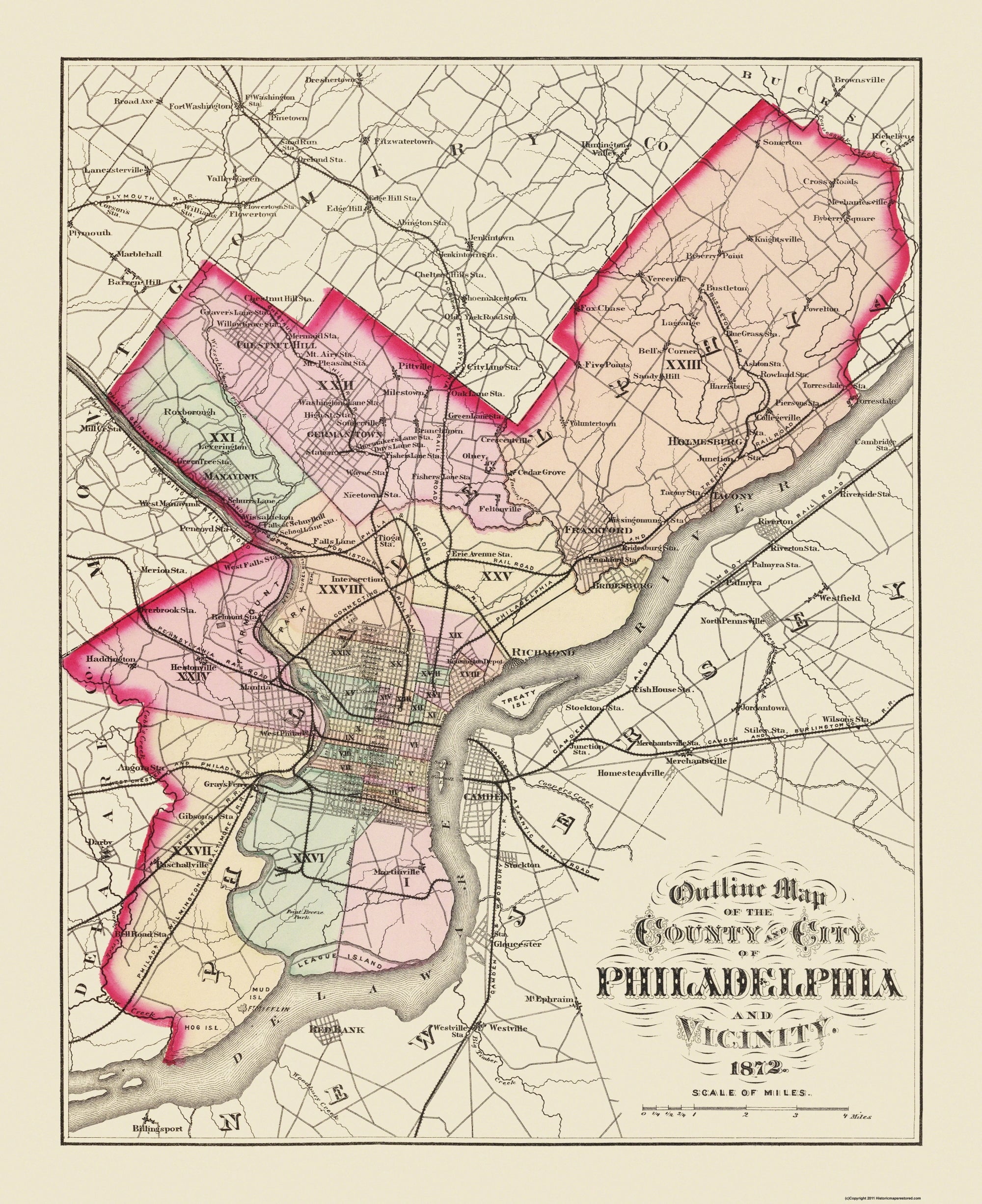 Historic County Map - Philadelphia County Pennsylvania - Walling 1872 ...