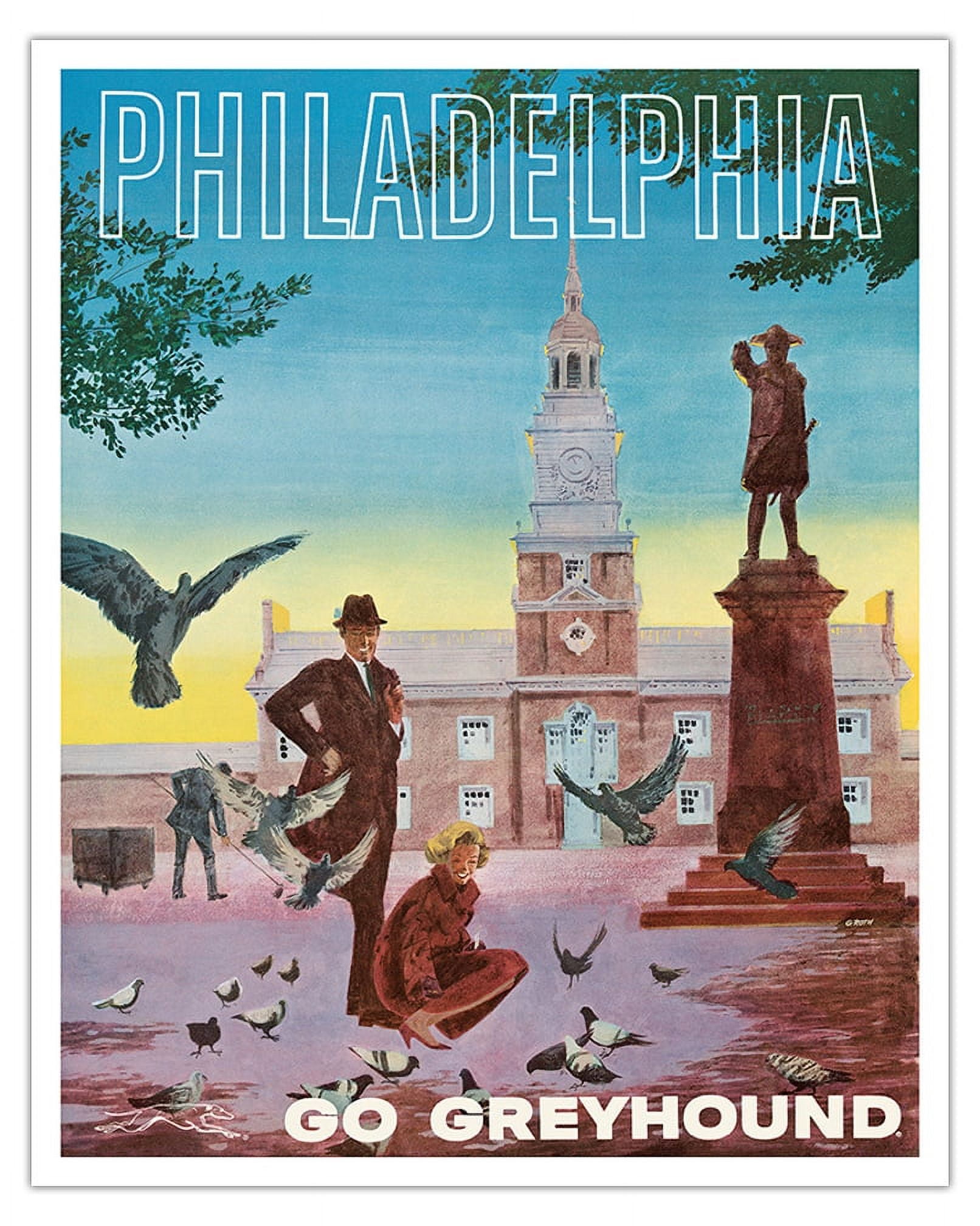 Philadelphia - Go Greyhound - Independence Hall - Vintage Travel Poster ...