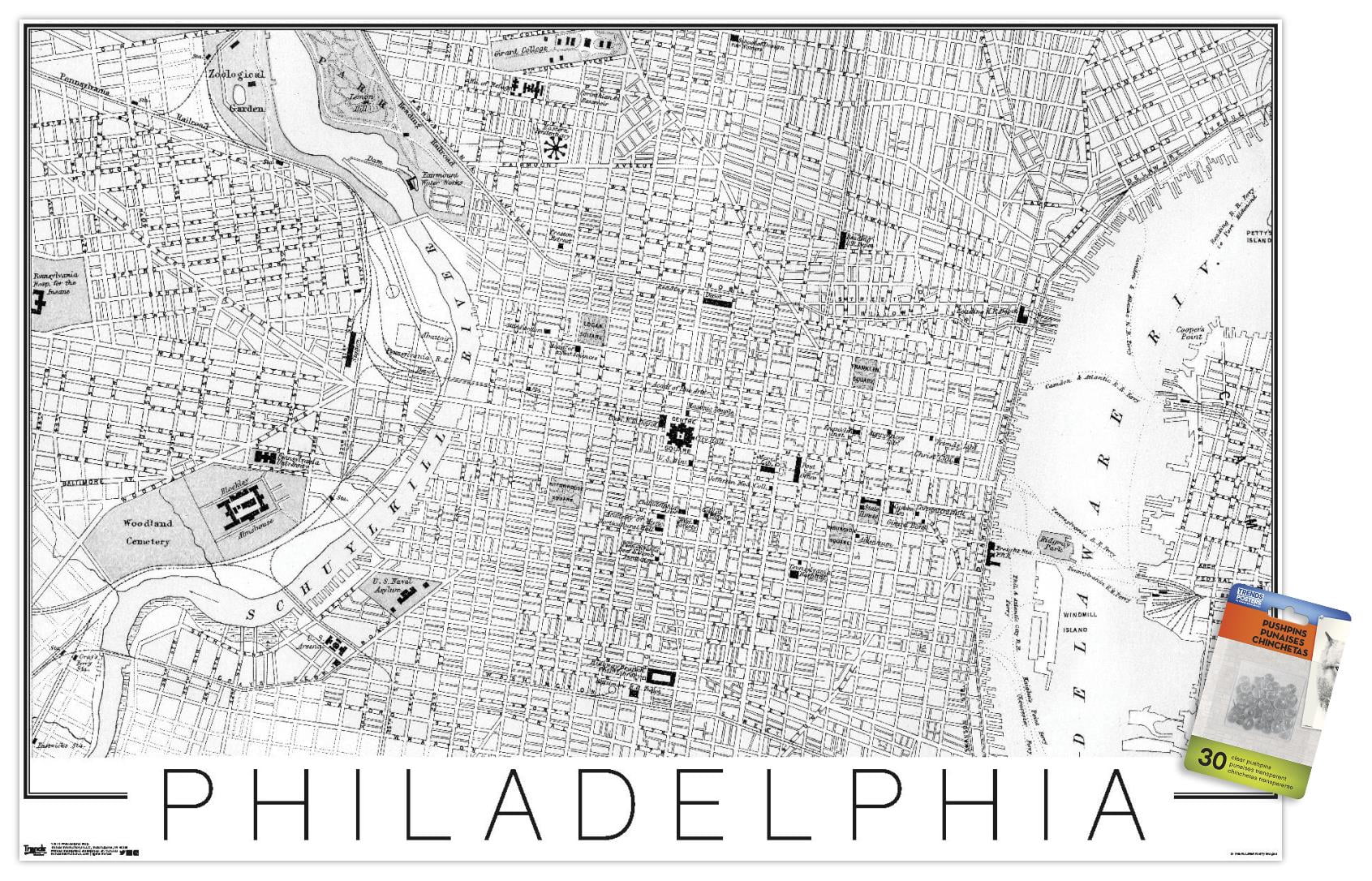 Philadelphia Map Wall Poster with Push Pins, 22.375" x 34" - Walmart.com