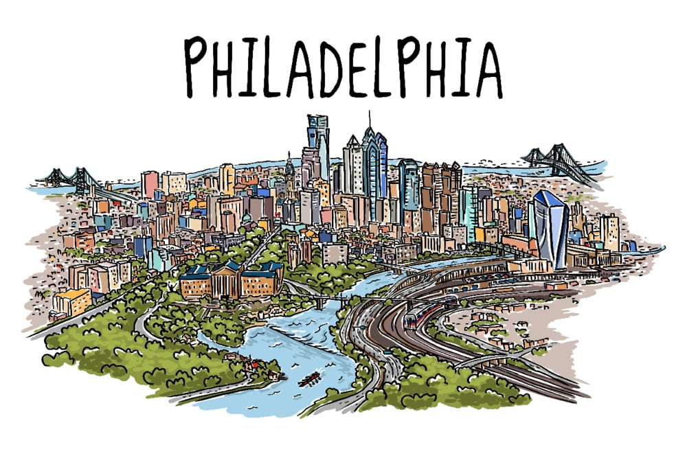 Philadelphia, Pennsylvania, Line Drawing (36x54 Giclee Gallery Art ...