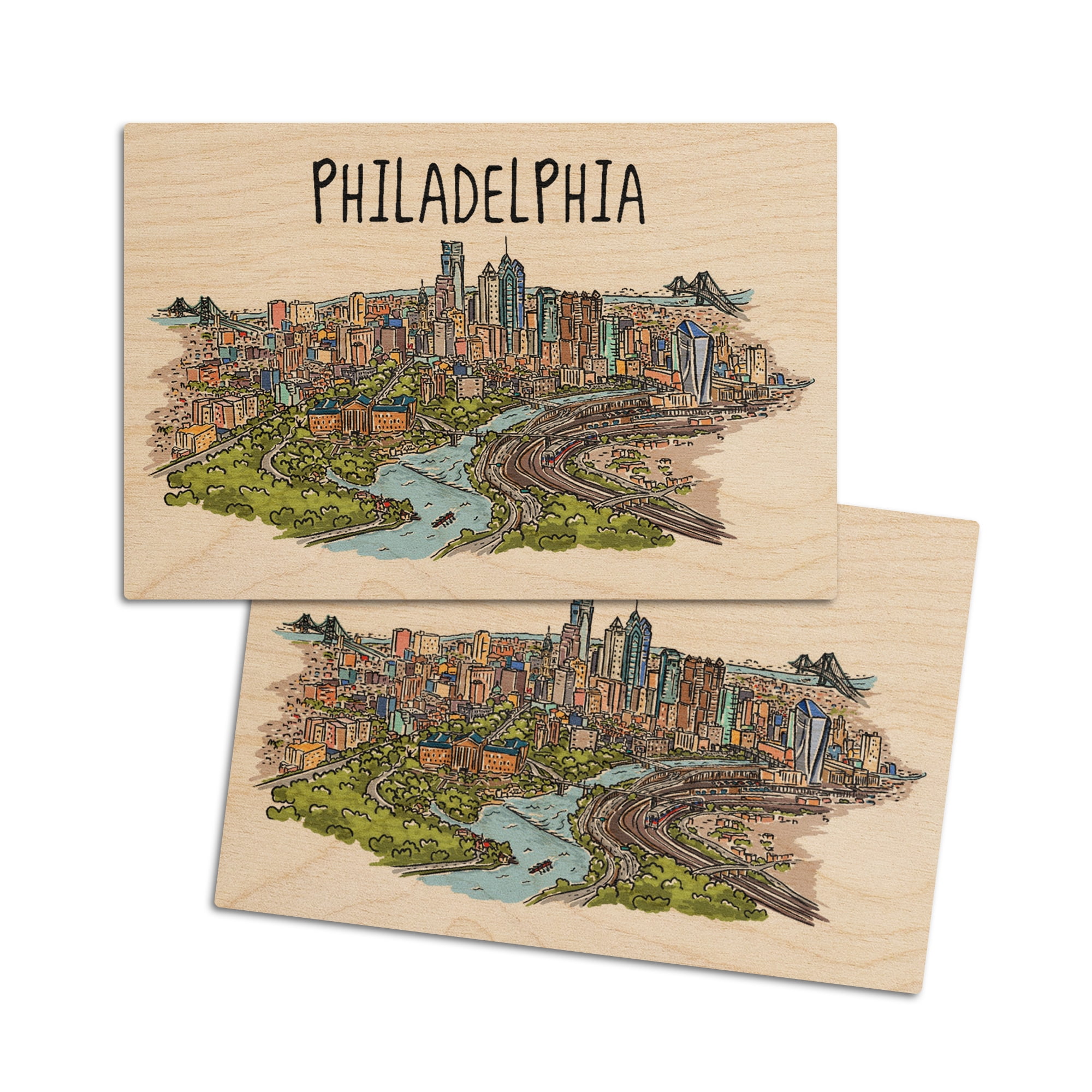 Philadelphia, Pennsylvania, Line Drawing (4x6 Birch Wood Postcards, 2 ...