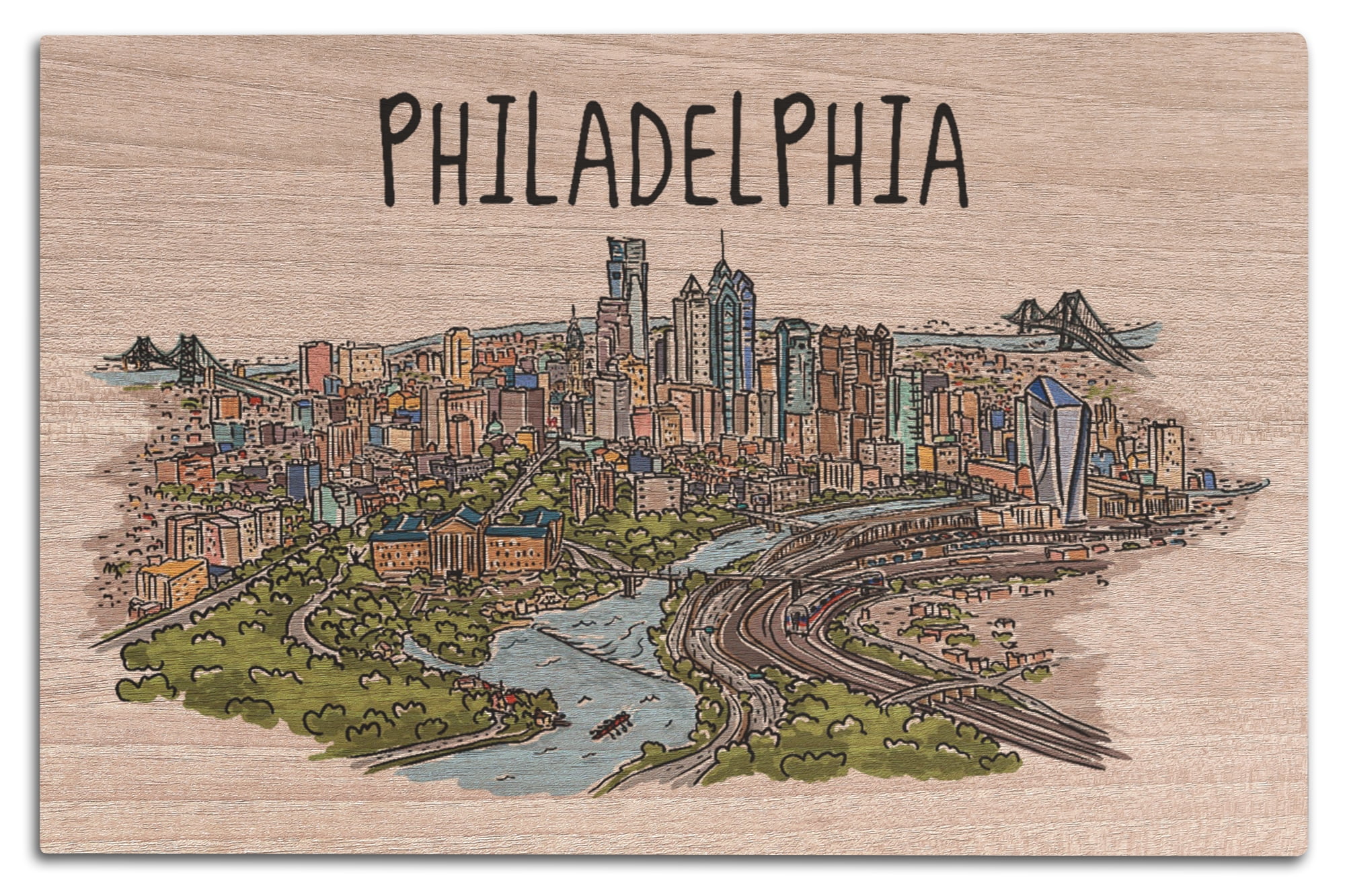 Philadelphia, Pennsylvania, Line Drawing Birch Wood Wall Sign (12x18 ...