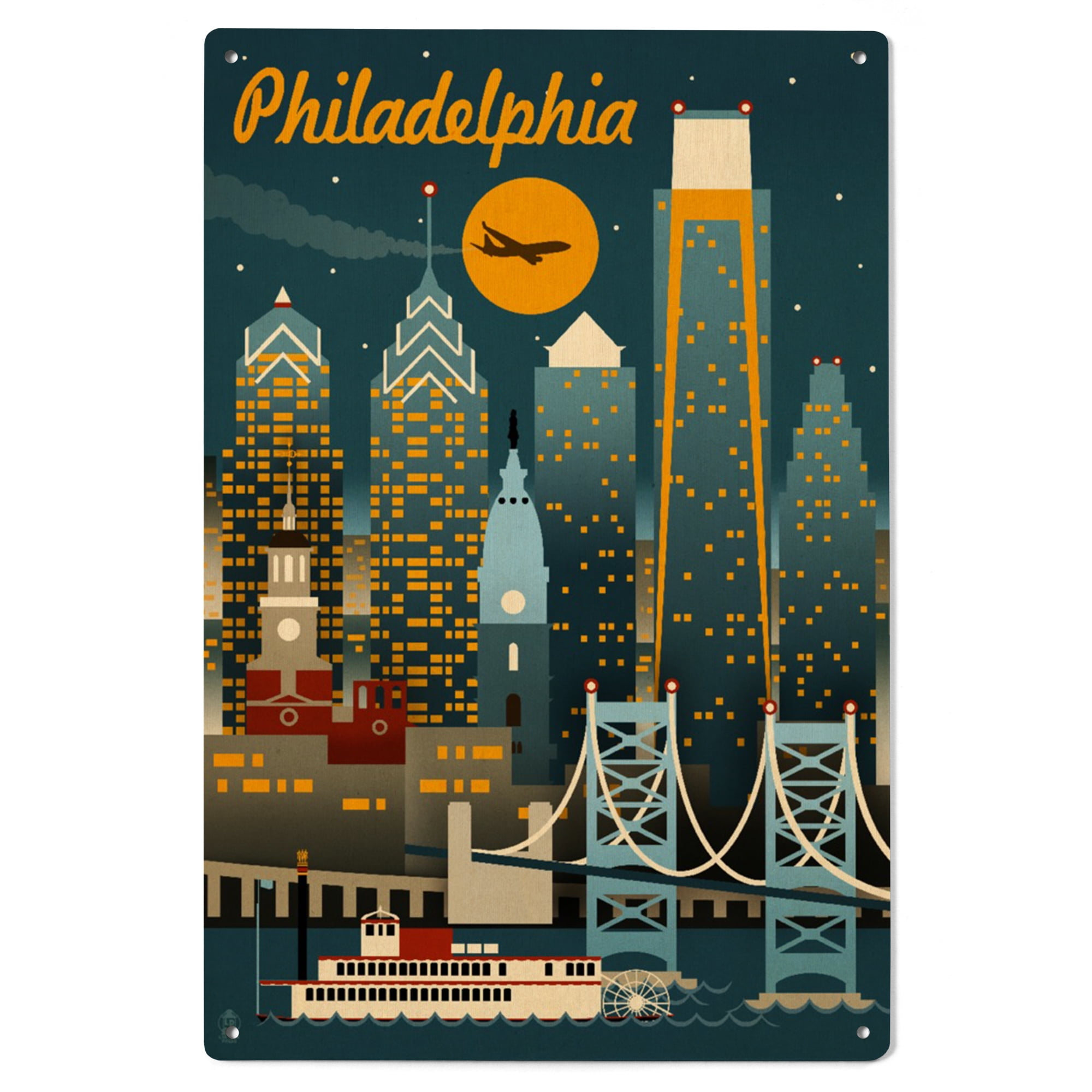 Philadelphia, Pennsylvania, ND, Retro Skyline Birch Wood Wall Sign (6x9 ...
