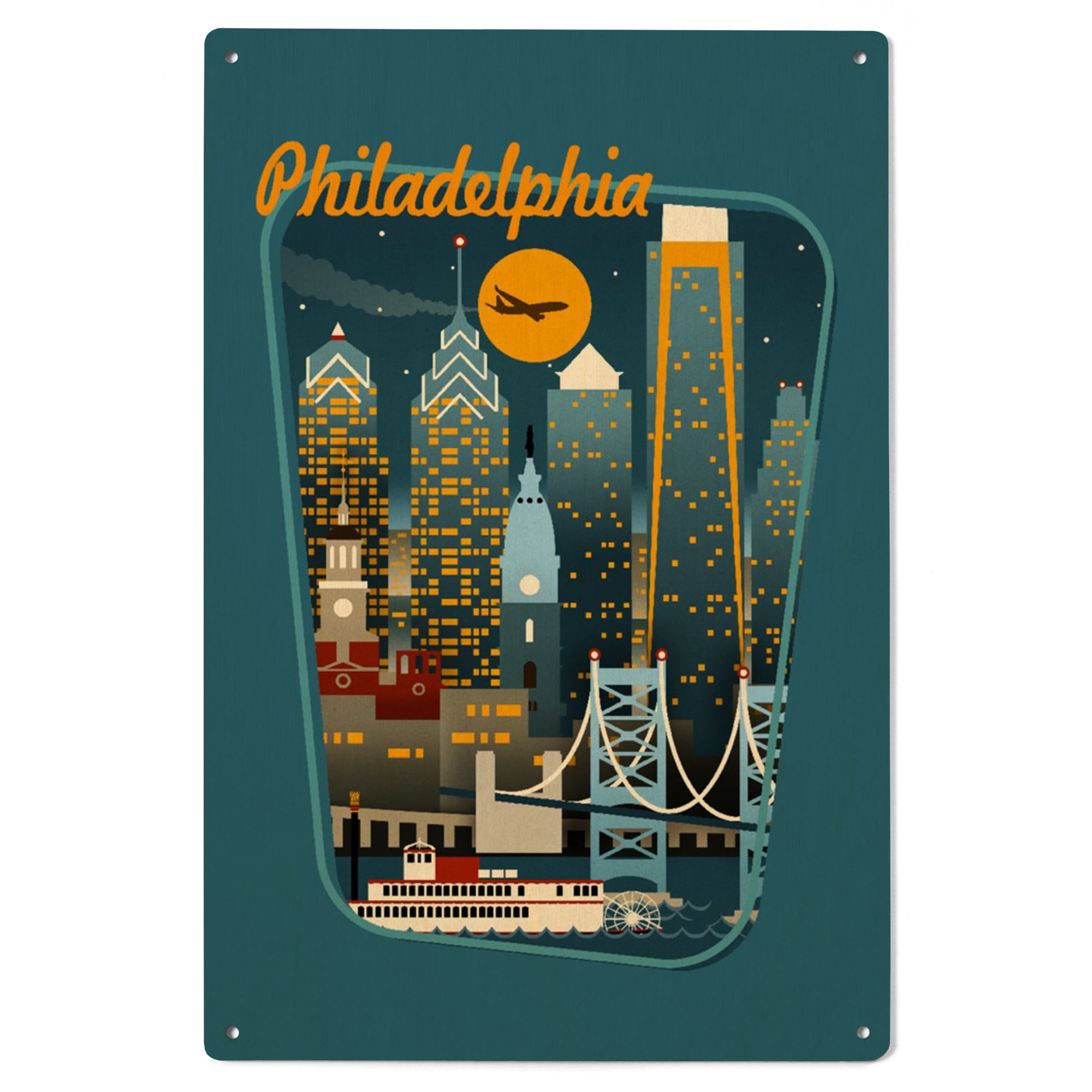 Philadelphia, Pennsylvania, Retro Skyline, Contour Birch Wood Wall Sign ...