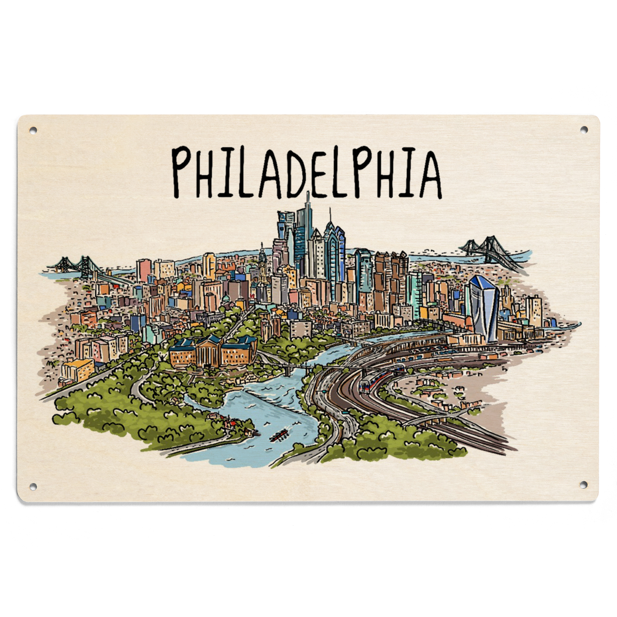 Philadelphia, Pennsylvania, Skyline, Line Drawing Birch Wood Wall Sign ...