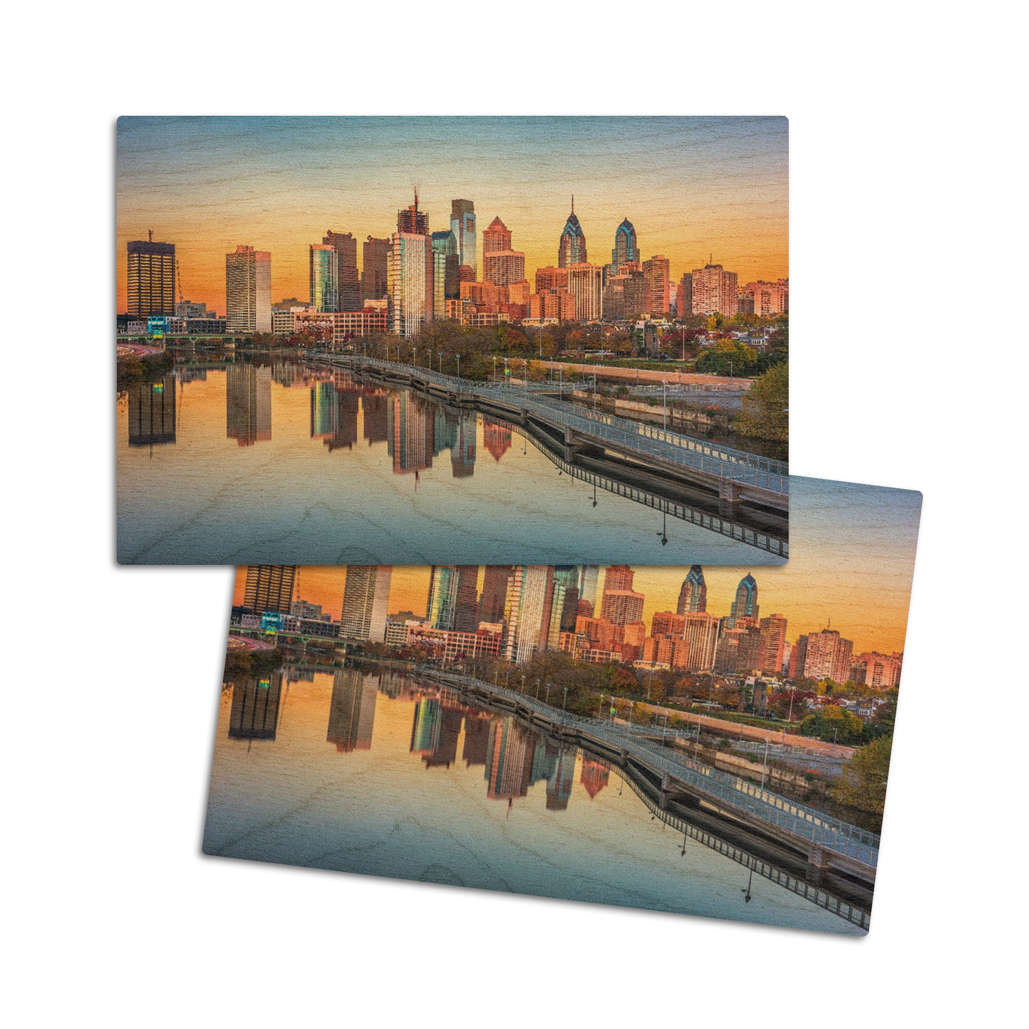 Philadelphia, Pennsylvania, View of Downtown at Sunset (4x6 Birch Wood ...