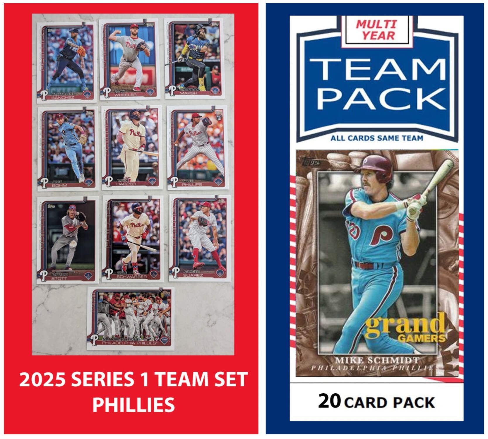 Phillies Multiyear 20 Card Pack Schmidt +2025 Topps Series 1 Team Set ...