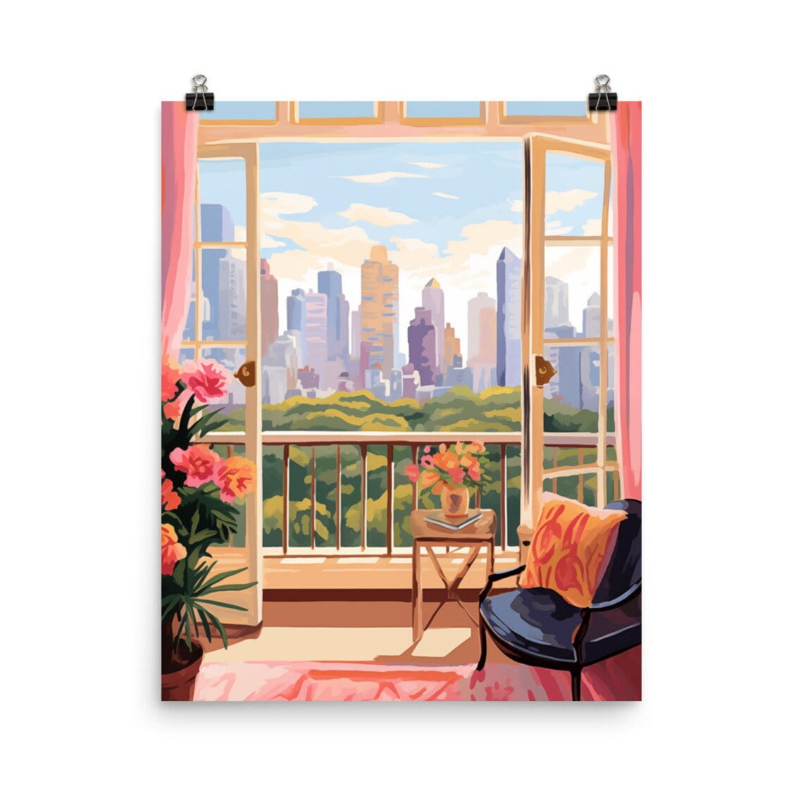 Philadelphia Print, Retro Balcony View Wall Art, Pink Flowers Cityscape ...