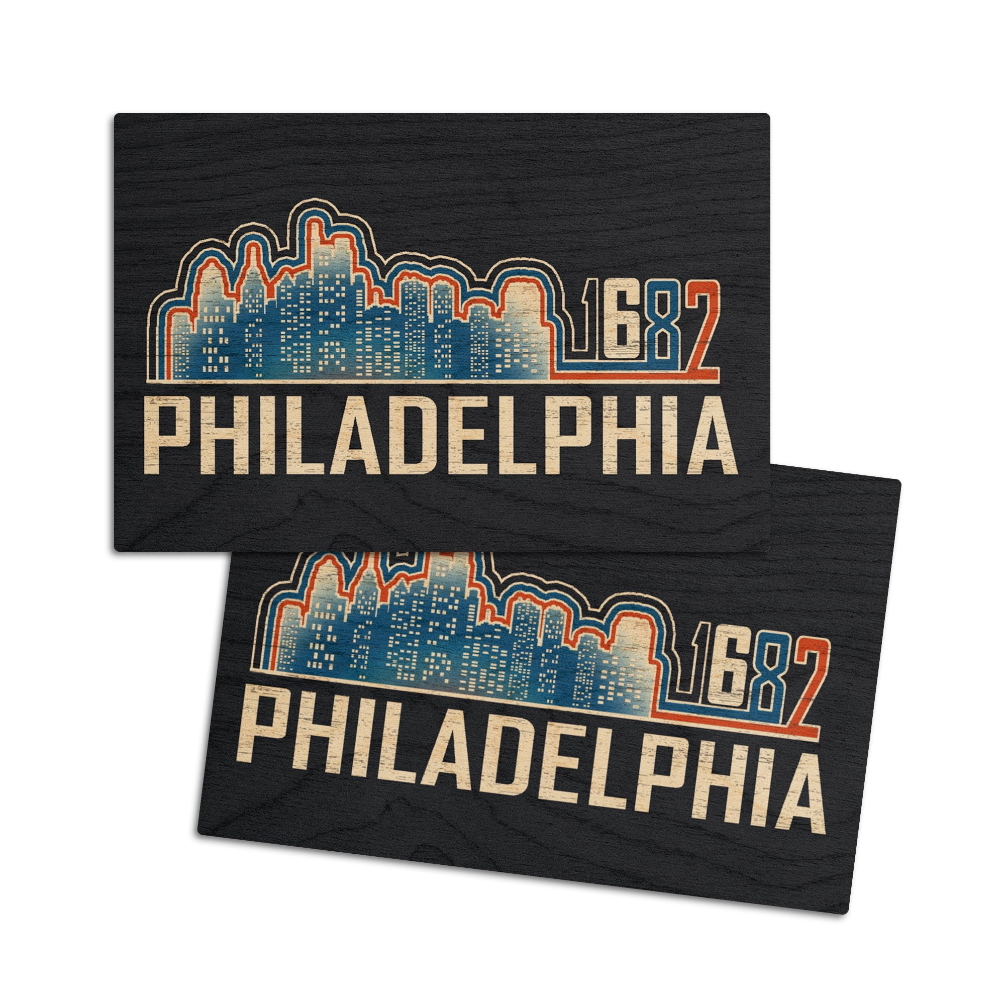 Philadelphia, Retro Skyline, 1682, Contour (4x6 Birch Wood Postcards, 2 ...