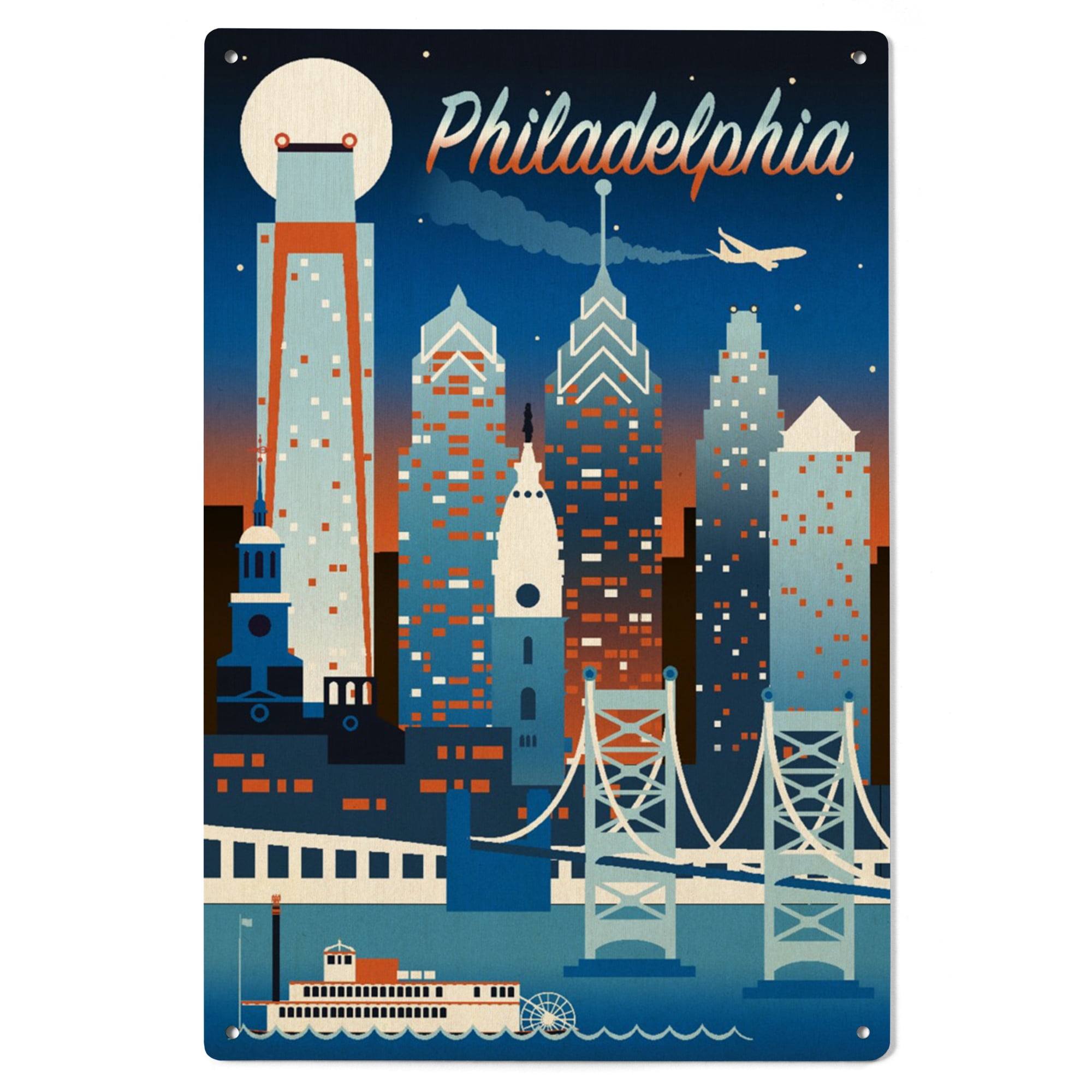 Philadelphia Retro Skyline Chromatic Birch Wood Wall Sign (6x9 Rustic ...