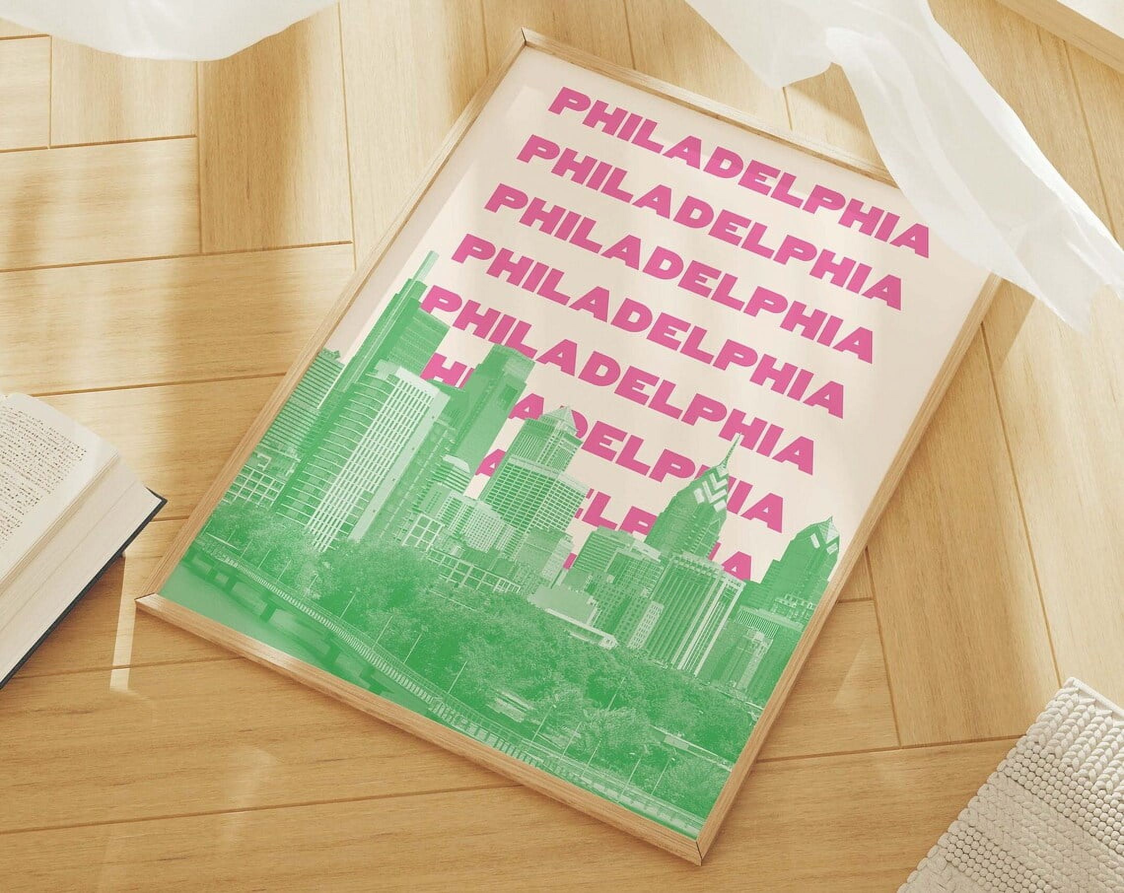 Philadelphia Travel Print, Art, Pink Green Philly Travel Exhibition ...