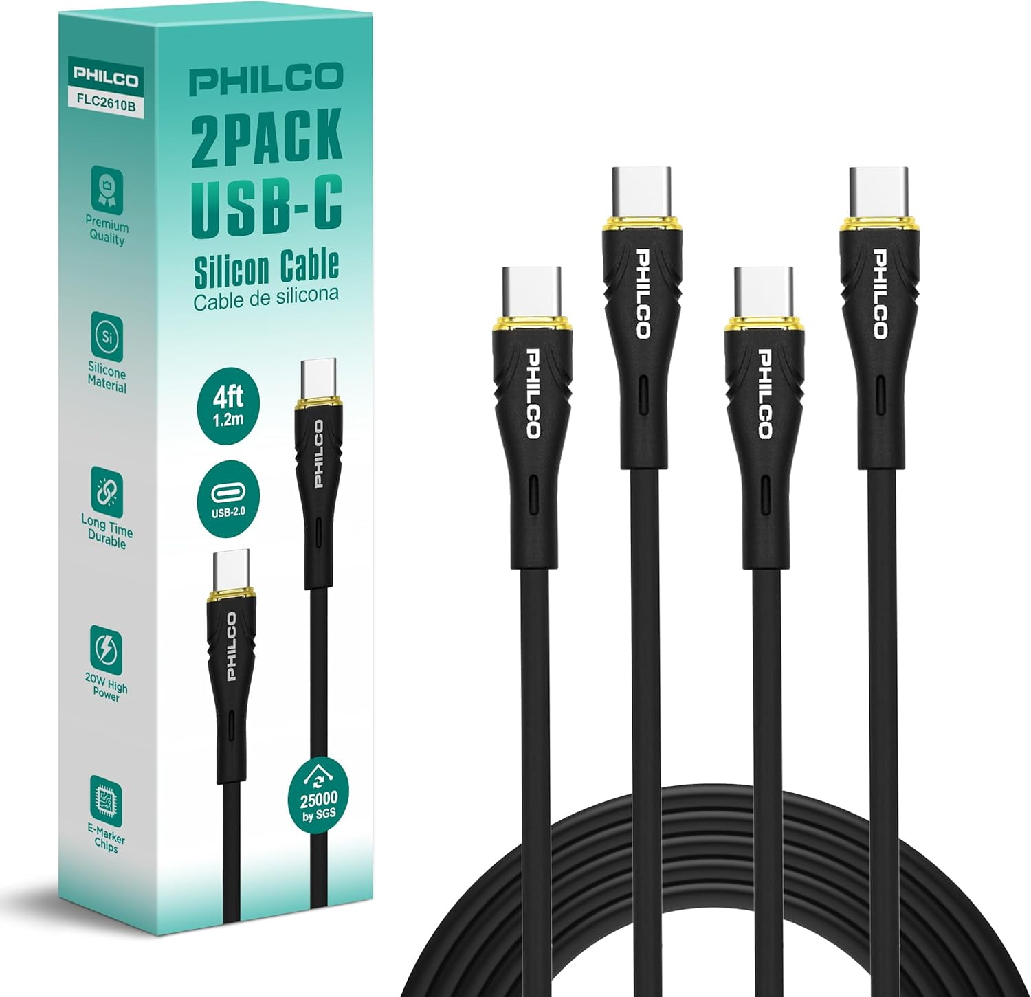 Philco USB C to USB C Cable, Type C Fast Charging Cable, (2Pack, 4FT ...