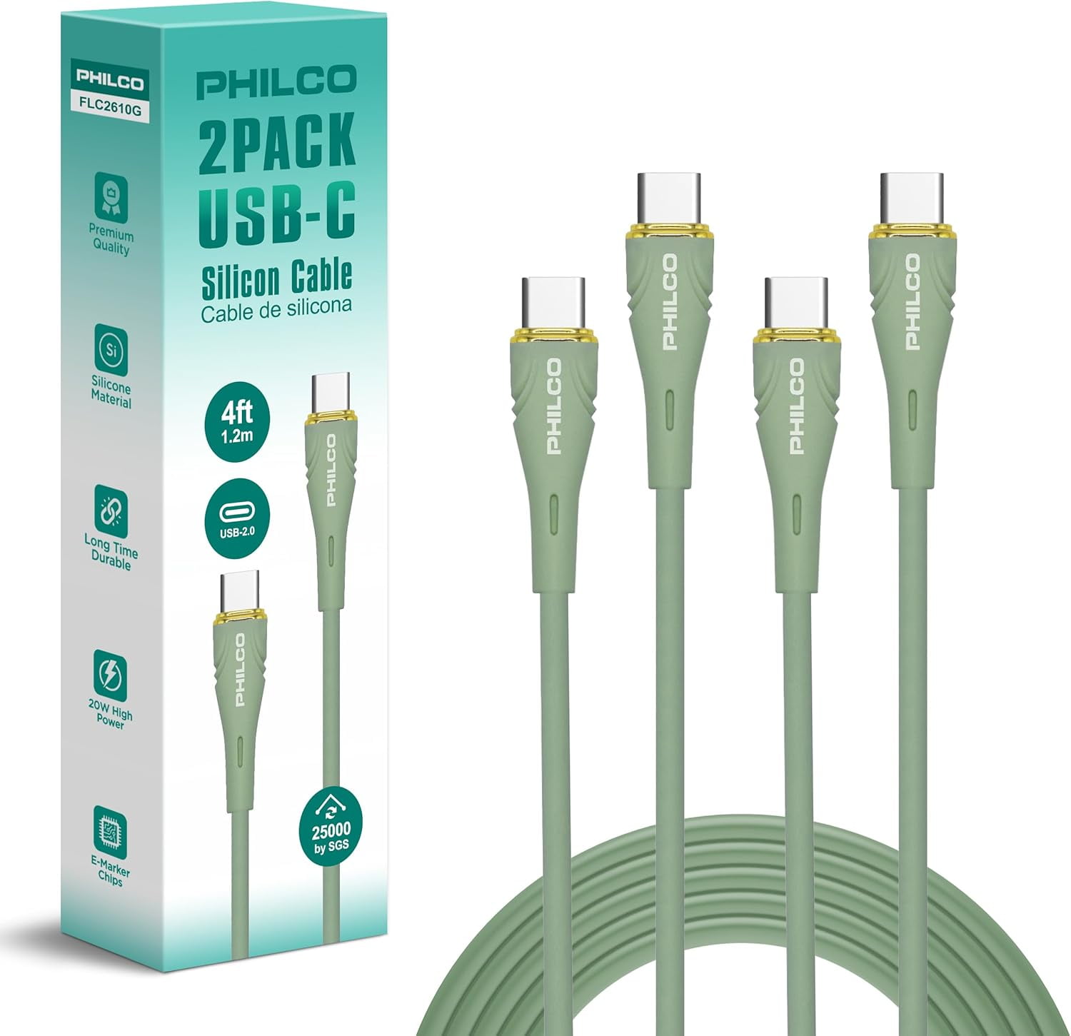 Philco USB C to USB C Cable, Type C Fast Charging Cable, (2Pack, 4FT ...