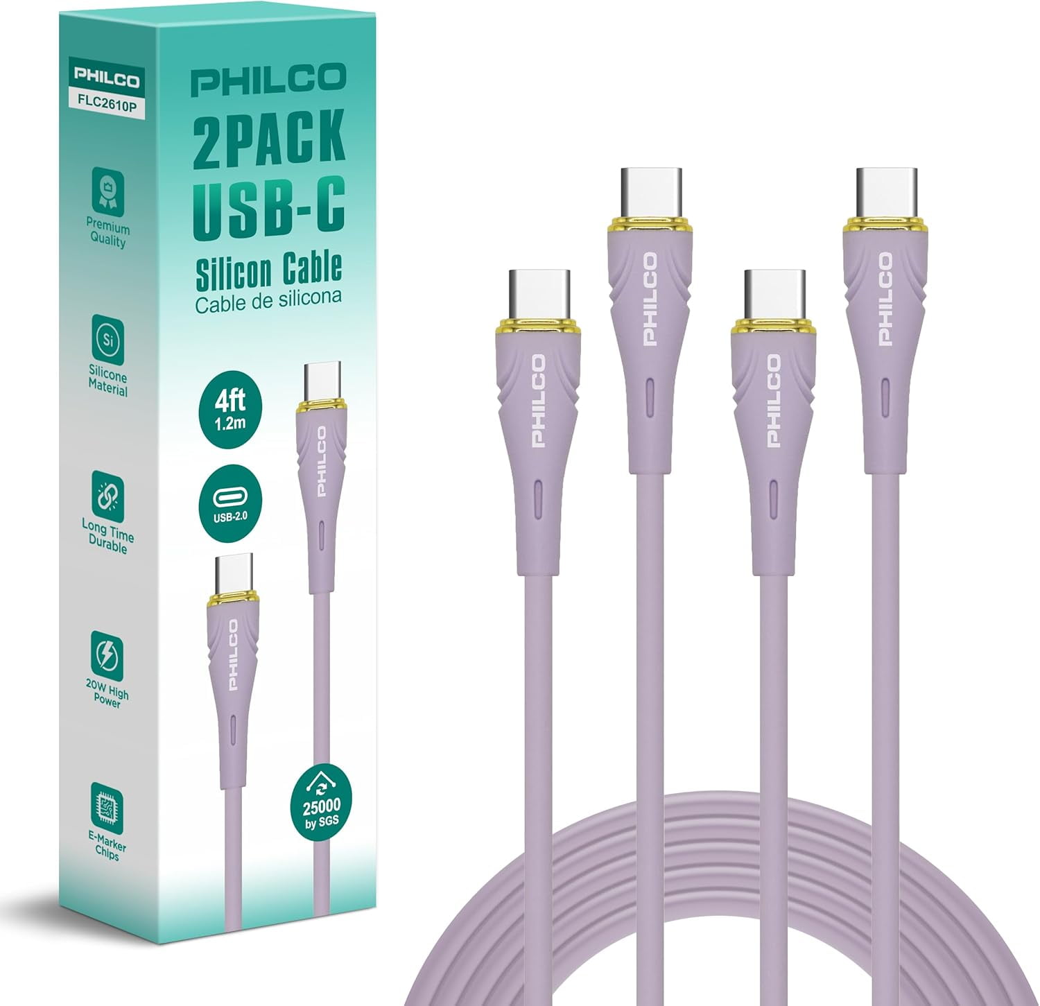 Philco USB C to USB C Cable, Type C Fast Charging Cable, (2Pack, 4FT ...