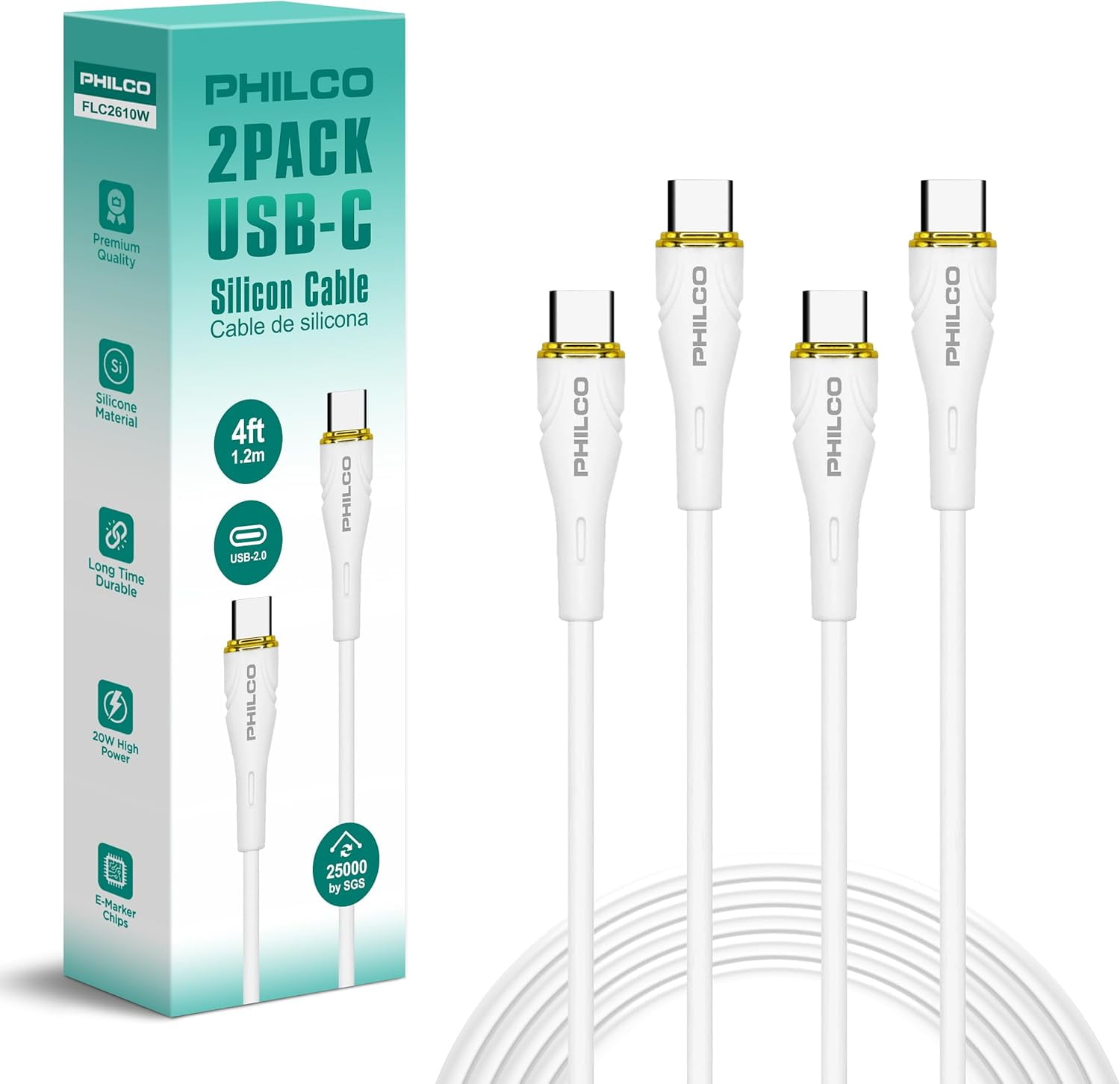 Philco USB C to USB C Cable, Type C Fast Charging Cable, (2Pack, 4FT ...