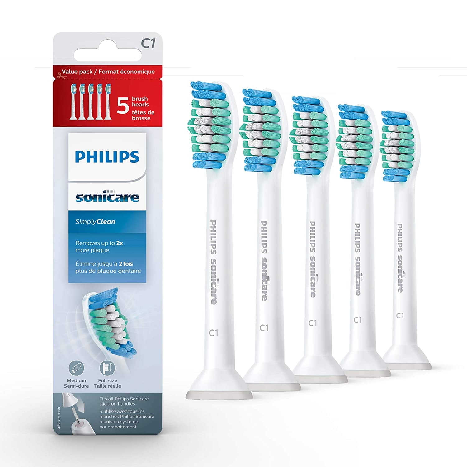 PhilipSoniTeeth Care Genuine SimplyClean Replacement Toothbrush Heads, 5 Brush Heads, White ...
