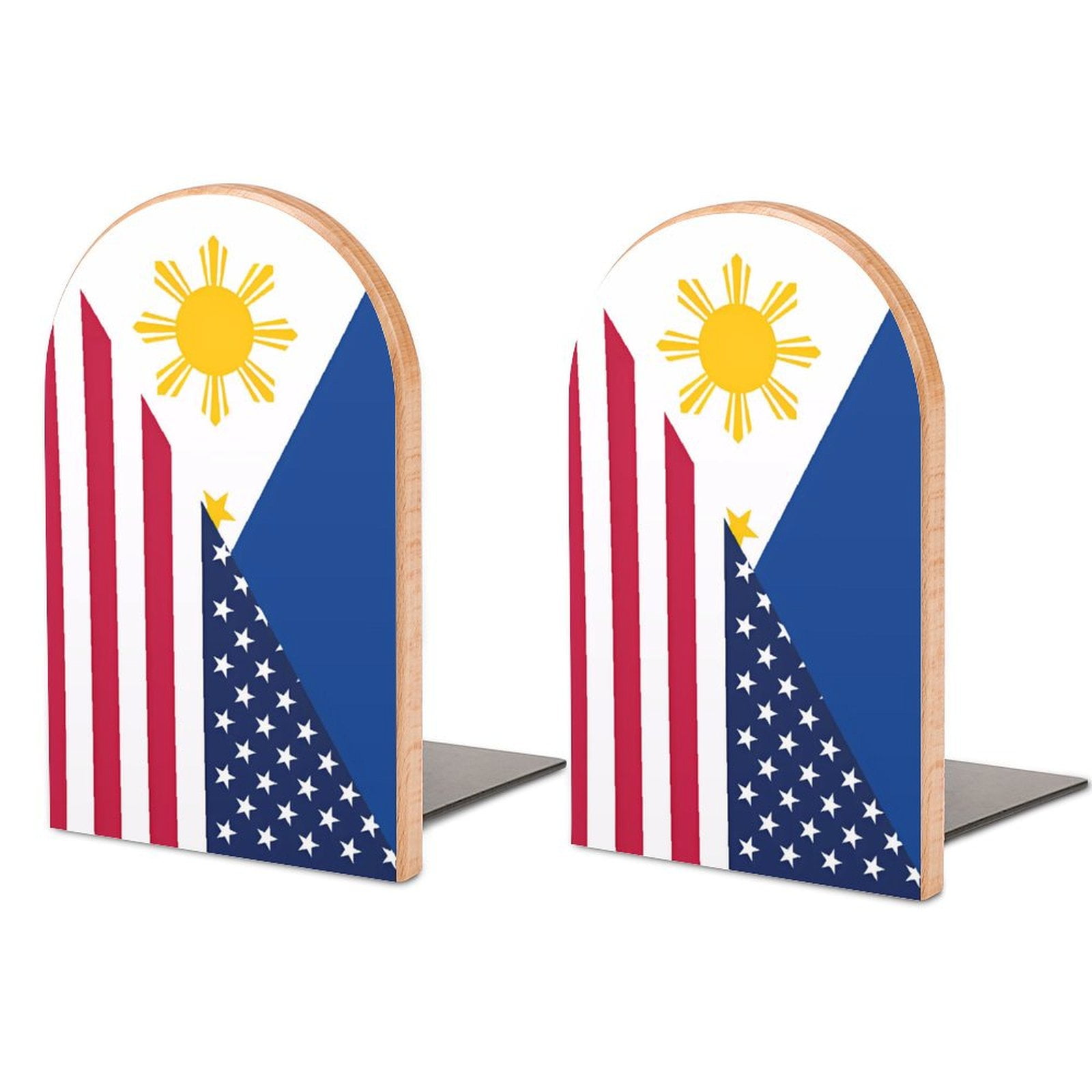 Philippines U.S. Flag Wood Book Ends for Shelves Non-Skid Book Holders ...