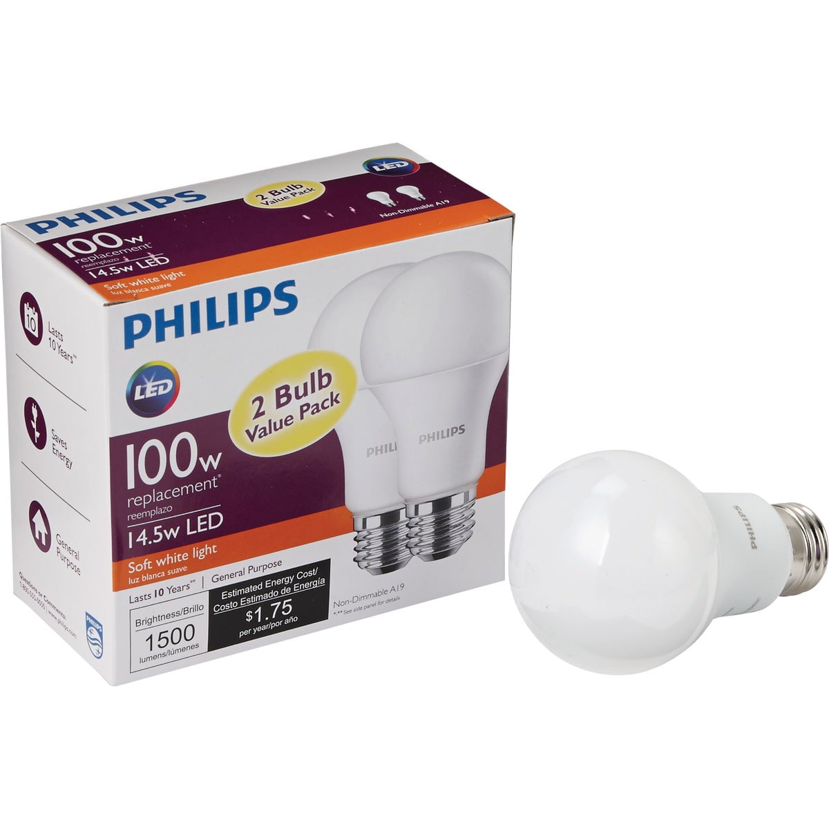 Philips 100W Equivalent Indoor Energy Efficient A19 LED Light Bulbs ...